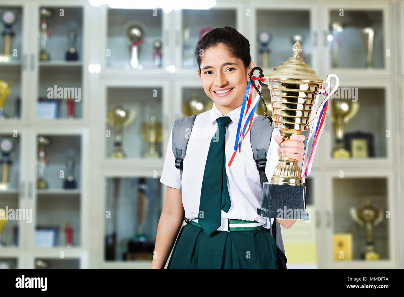 One High School Girl Student Holding Trophy Winning Success Education ...