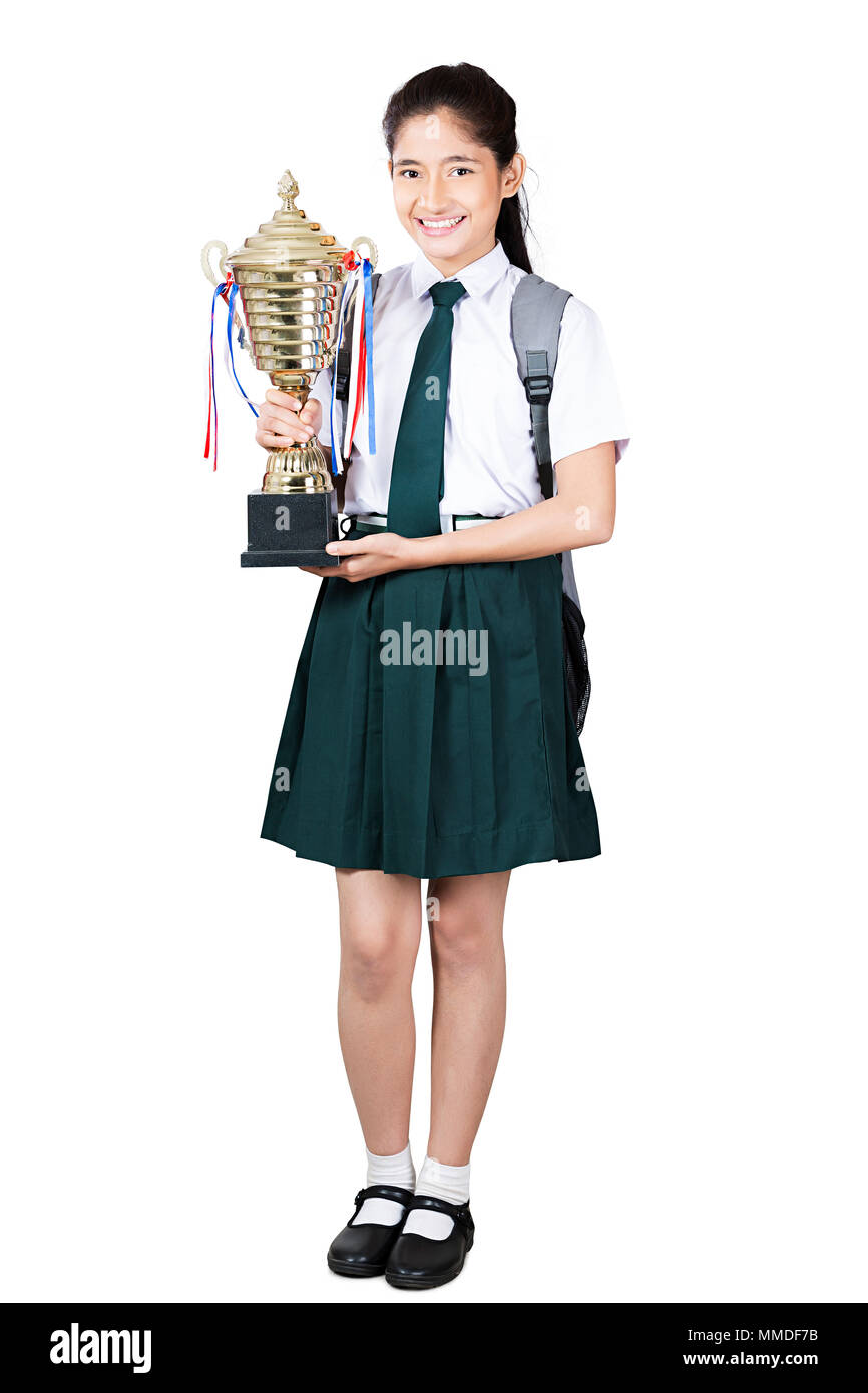 One High School Girl Student Showing Wining Trophy-Cup Success ...