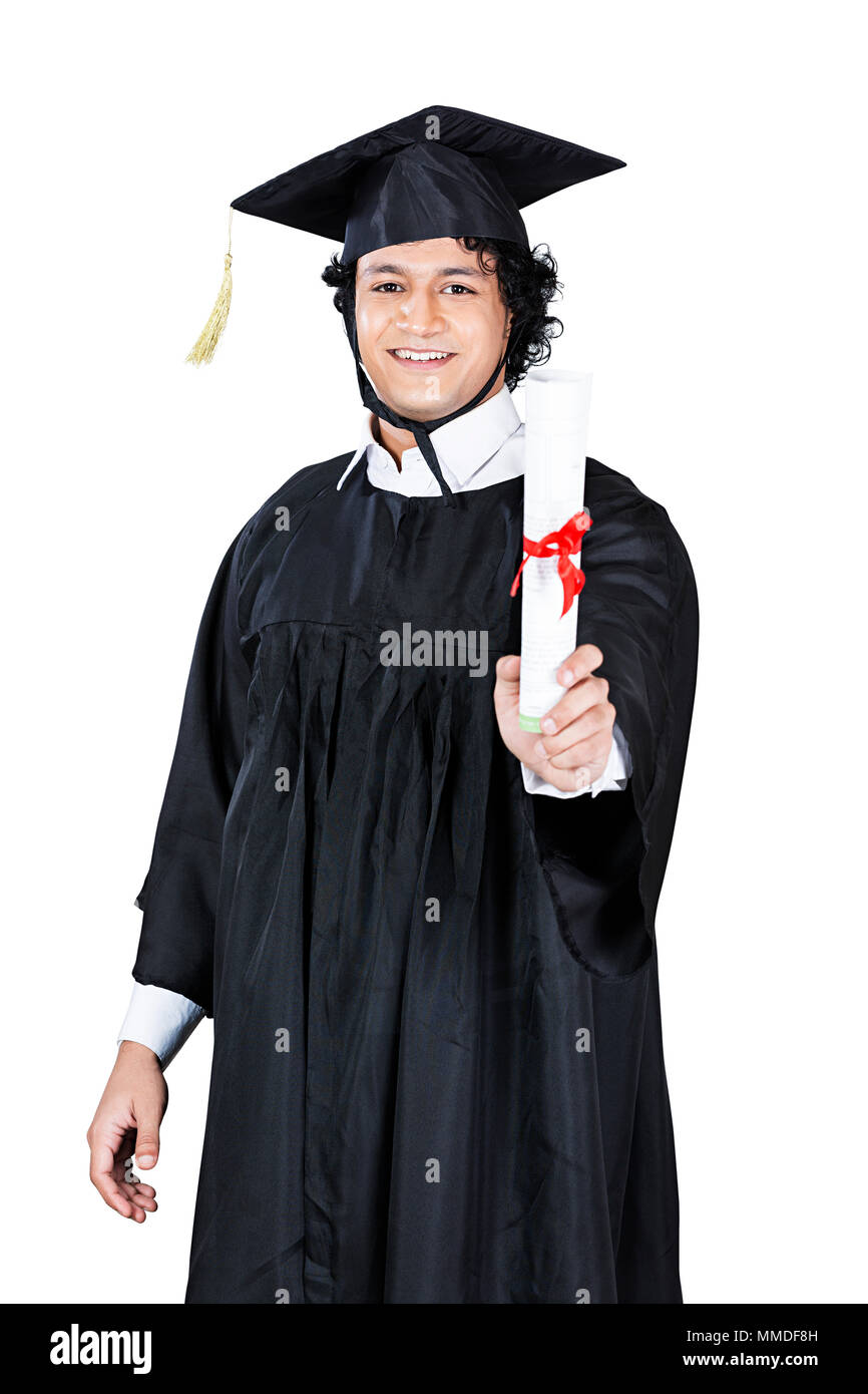 One Young man student graduation gown and cap holding diploma ...