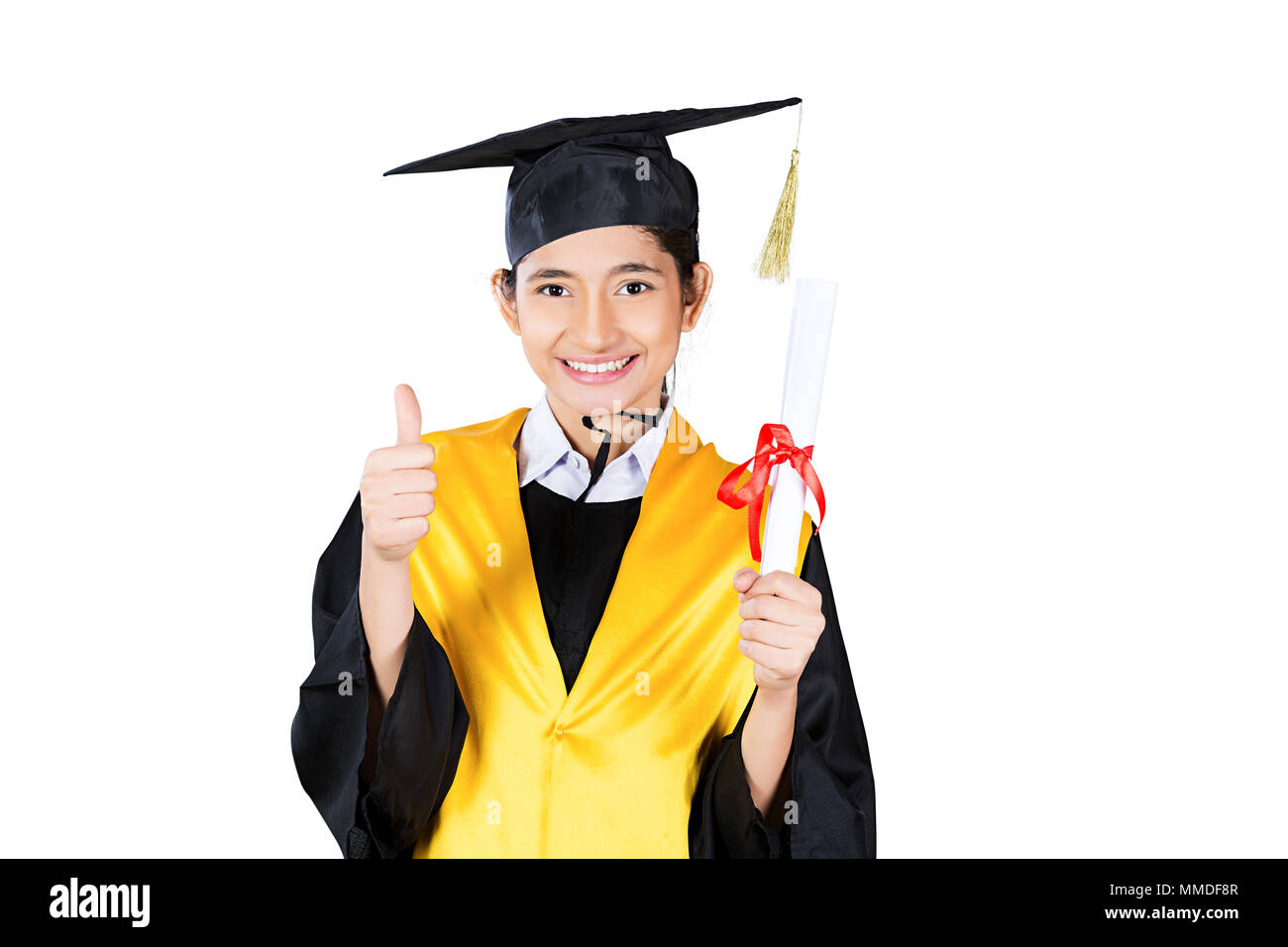 One graduate student Girl giving thumb-up and Holding Degree Smiling ...