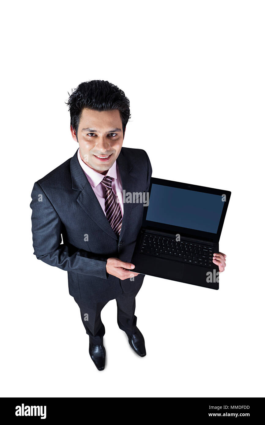 One salesman presenting brand new laptop Is Out For Sale Stock Photo ...