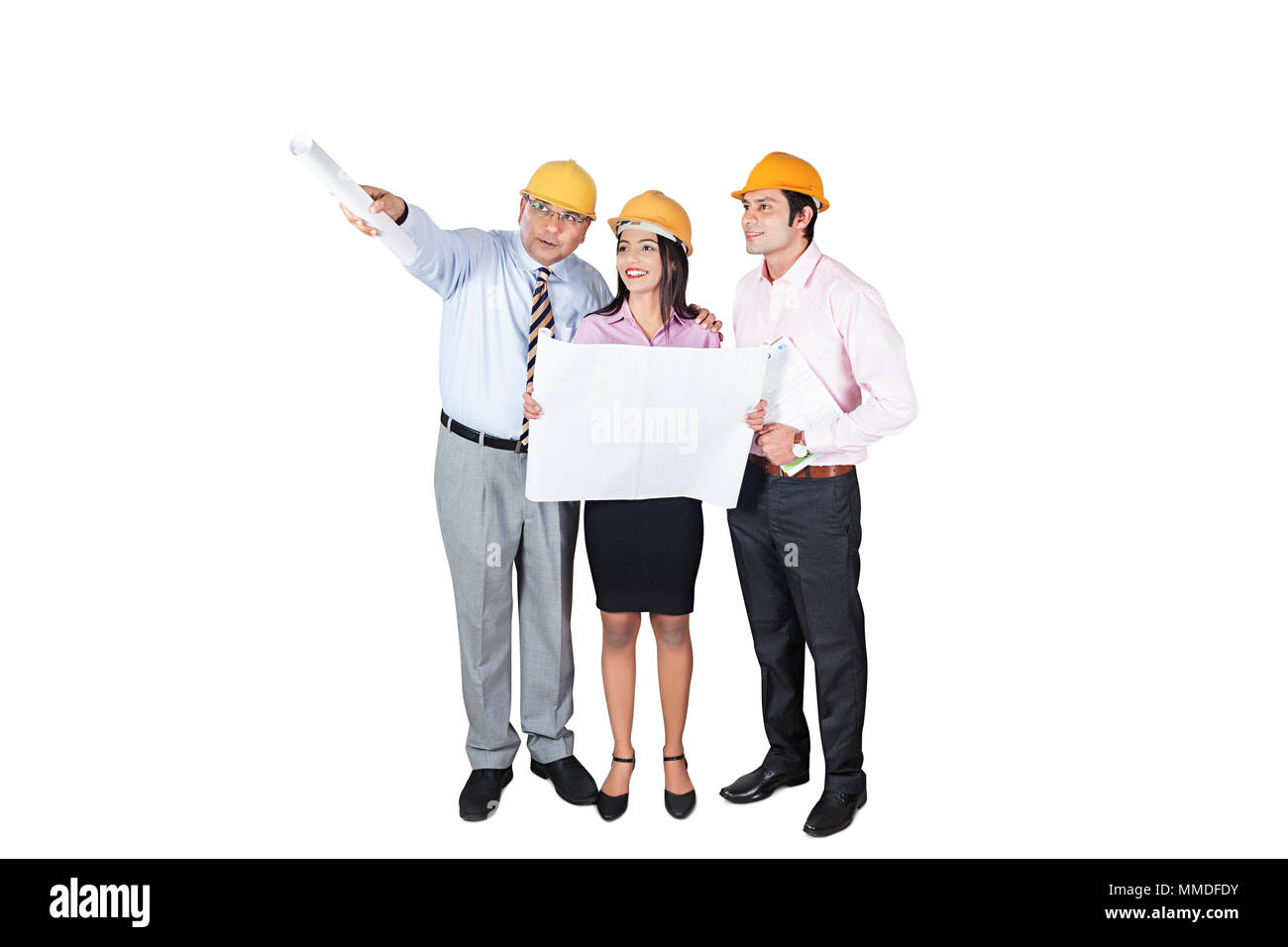 Team discuss checking blueprint construction house plan real estate ...