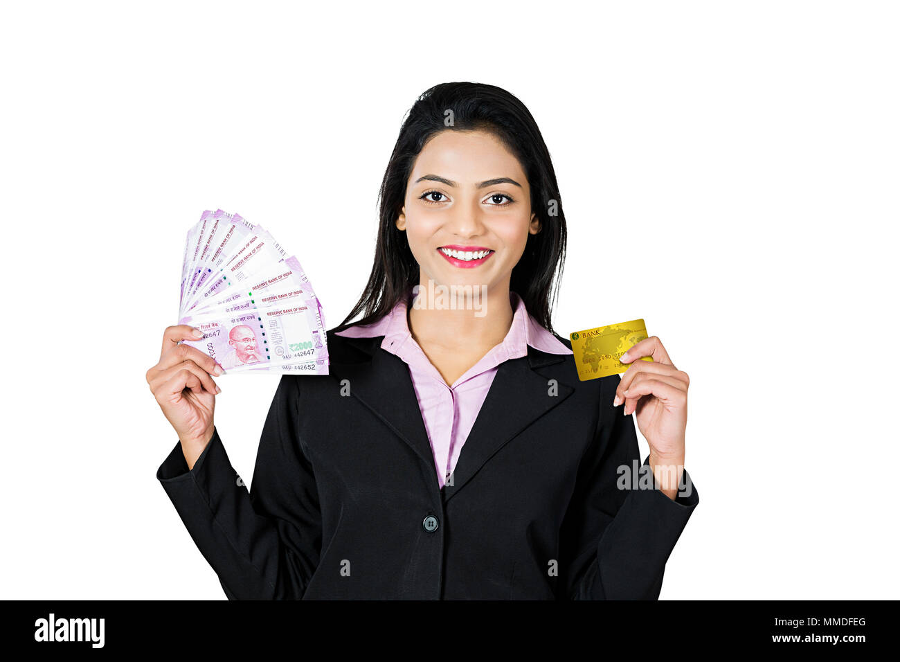 Two Business Female Holding Debit Card With 2000 Rupees Banknote Stock ...