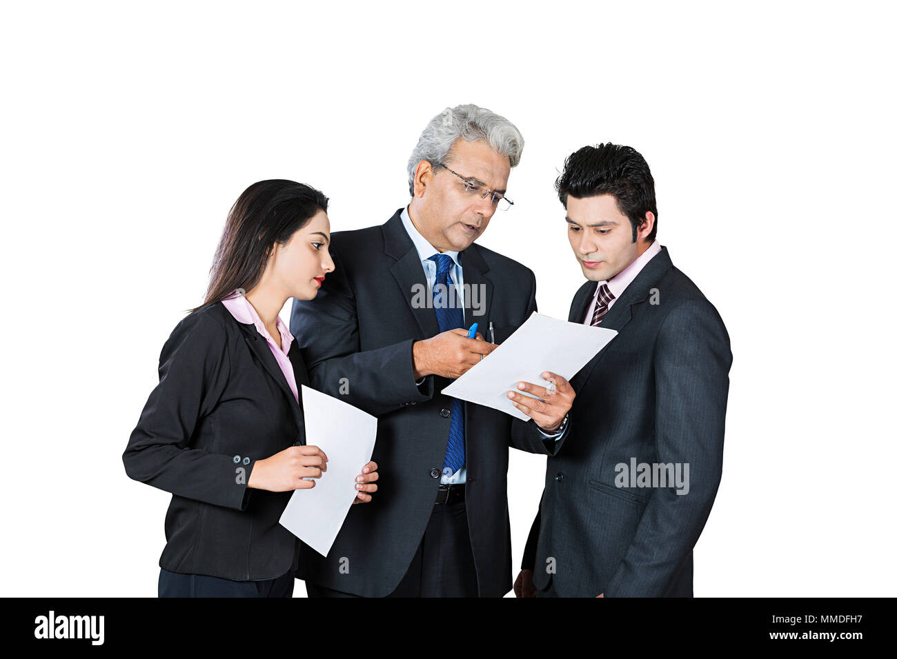 Three business People colleagues Employee Discuss Meeting Document s ...
