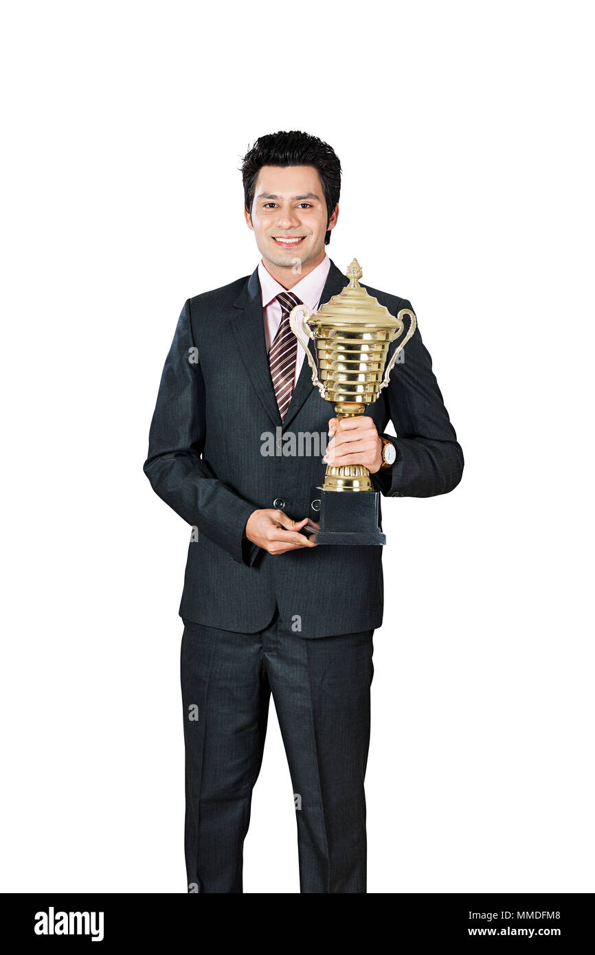 One Businessman Manager Holding Trophy Cup Award Successful Celebration ...