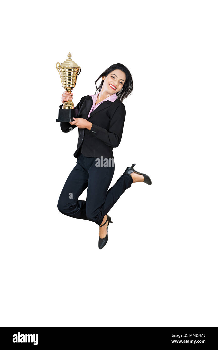 One Businesswoman Employee Holding Trophy Jumping Fun Winning Success ...