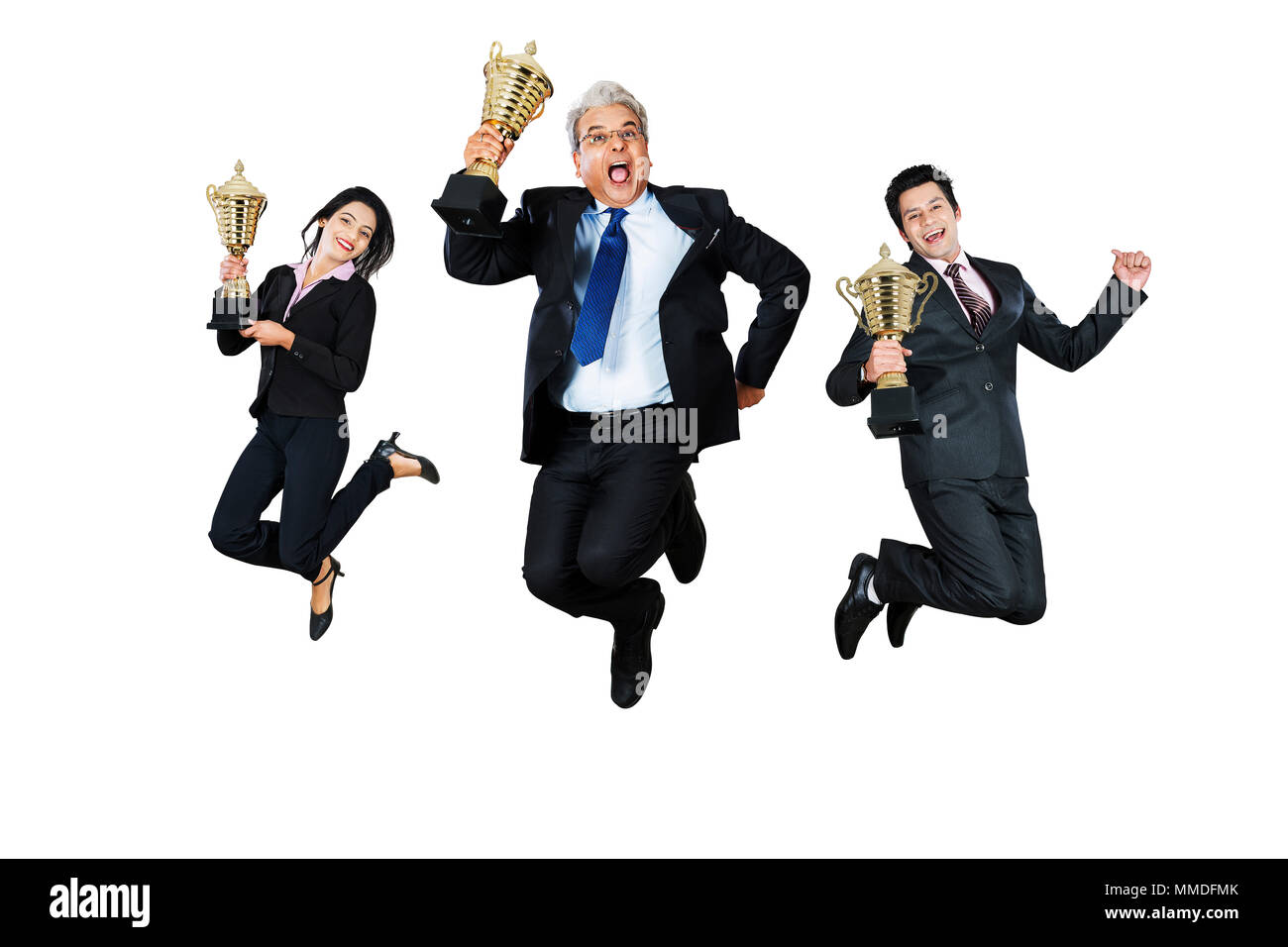 Three Business People Colleague s Jumping Fun Cheerful Winning Trophy ...
