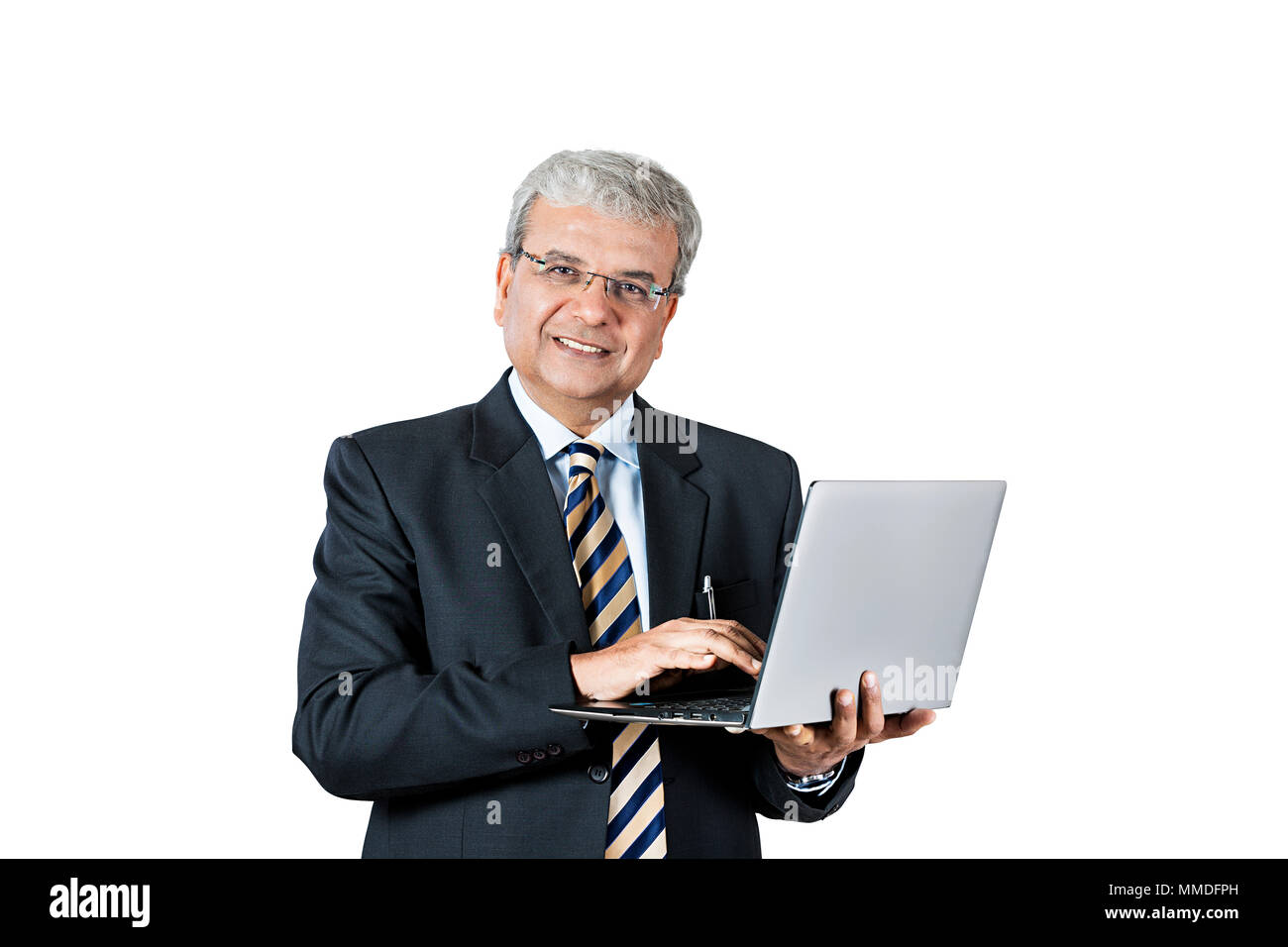 One Senior Businessman Employer Holding laptop Working White Background ...