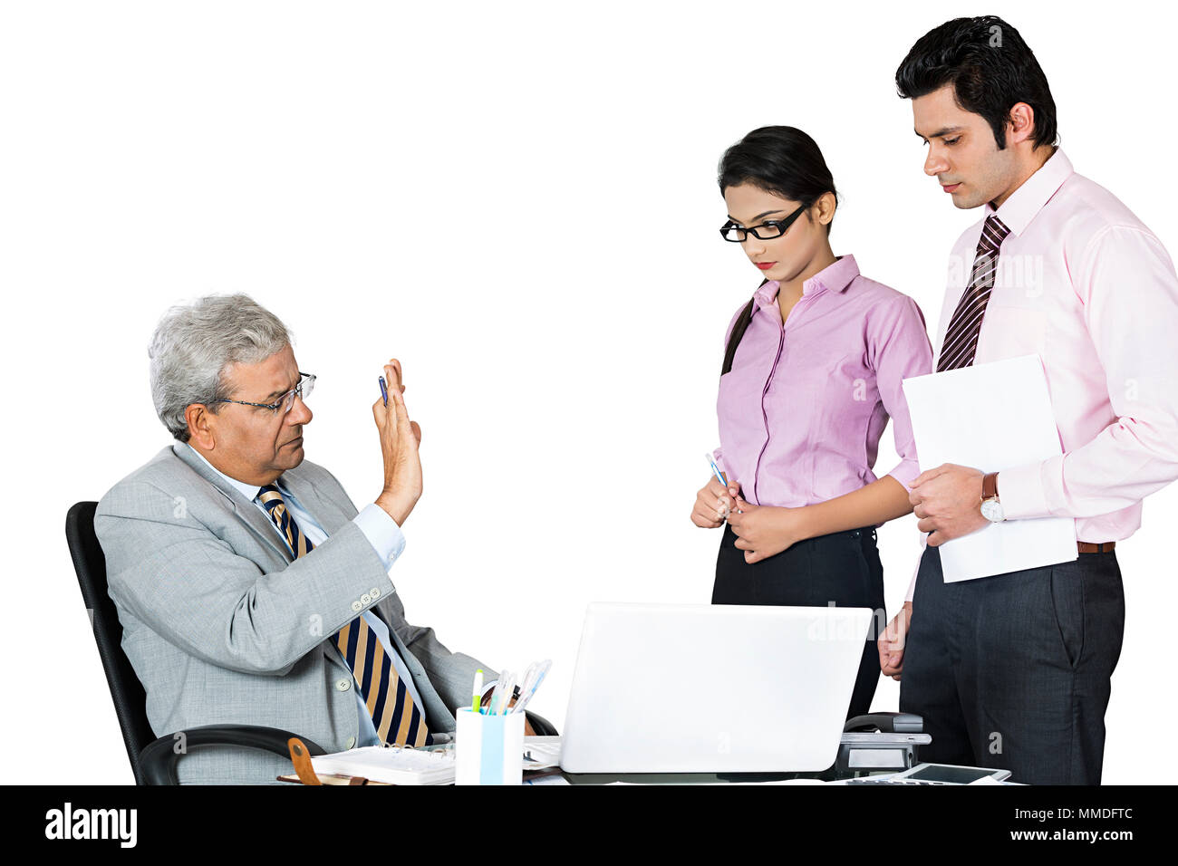 Angry Irritated Employer reprimanding employees afraid , accusing of ...