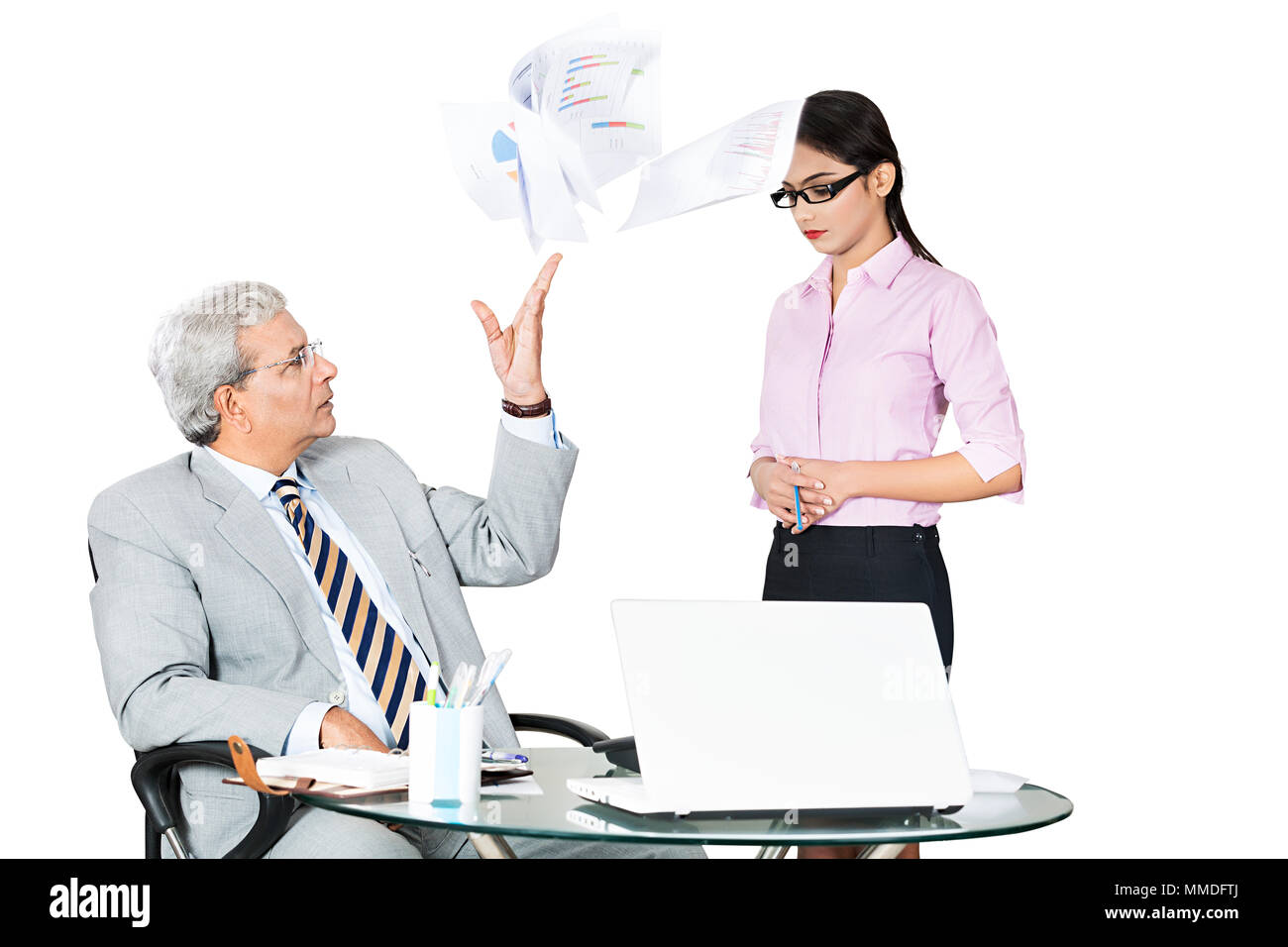 Angry Boss firing employee, flying Papers scared secretary In Office ...