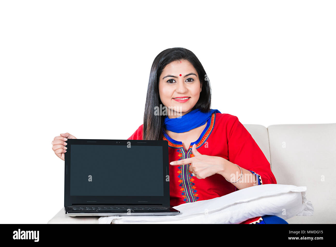 One Lady Pointing Finger Showing Laptop Screen Sitting sofa Living Room ...