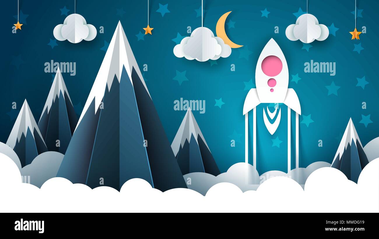 Cartoon rocket illustration. Paper mountain landscape Stock Vector ...