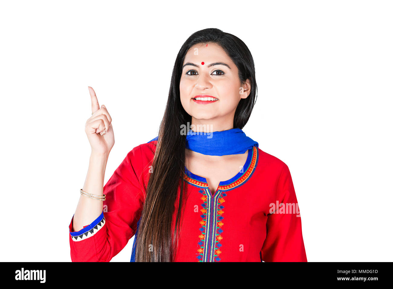 Happy One Lady Housewife Pointing Finger Showing In Studio Shot Stock ...