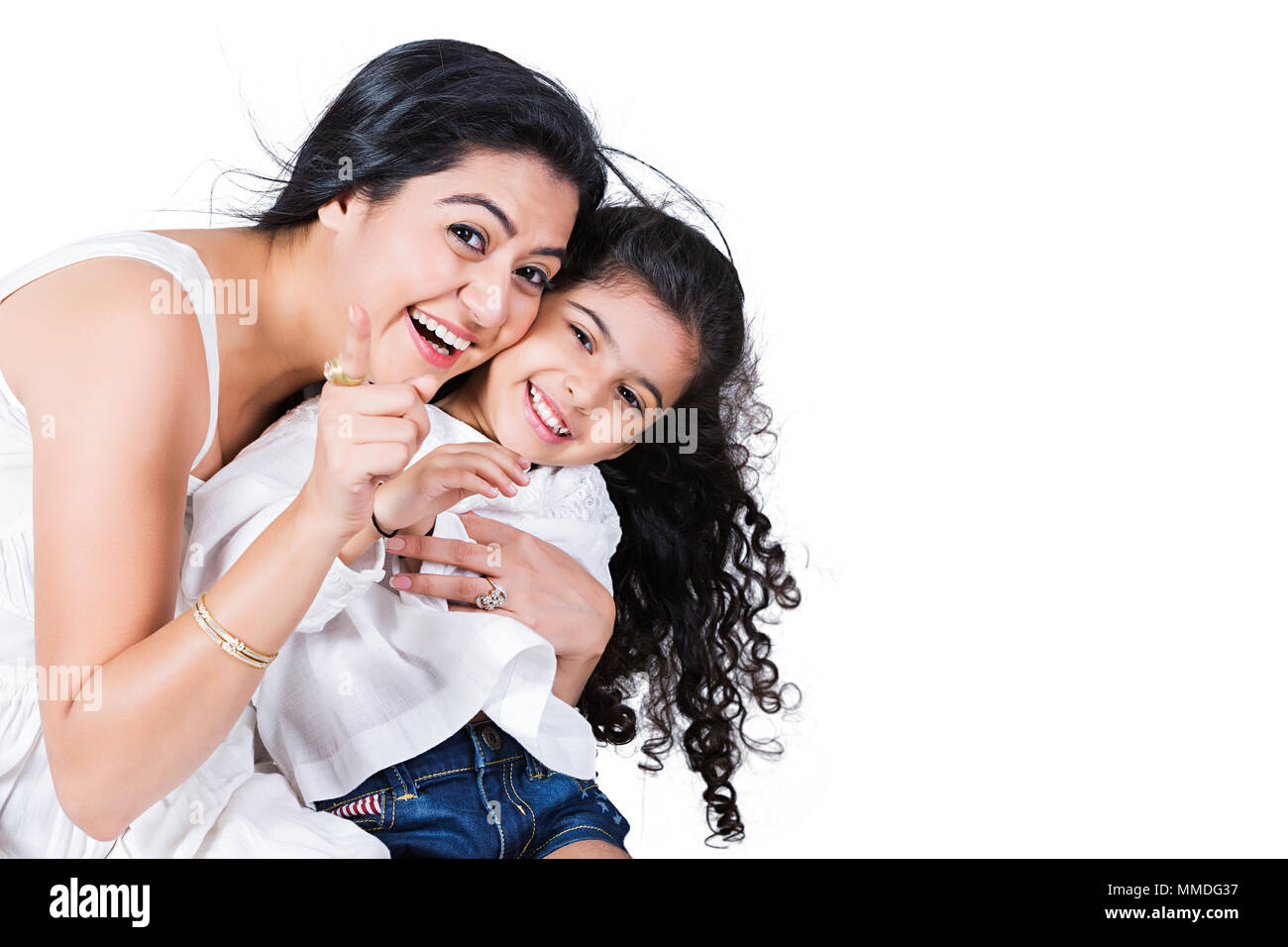 Happy Mother And Kid Daughter Pointing Finger Showing Playful Enjoy ...