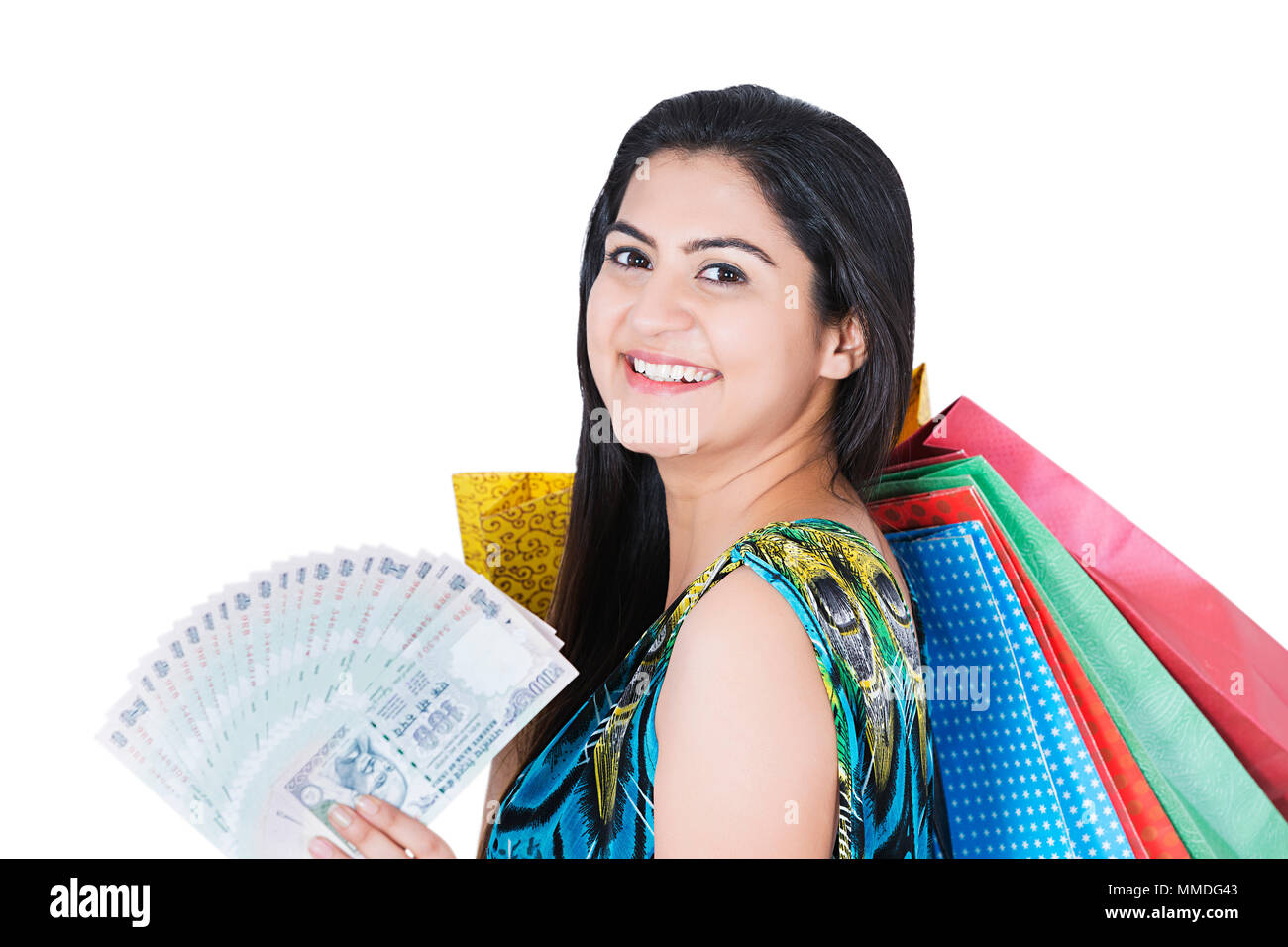 Happy woman holding shopping bags with Money Rupees Customer Buy Stock ...