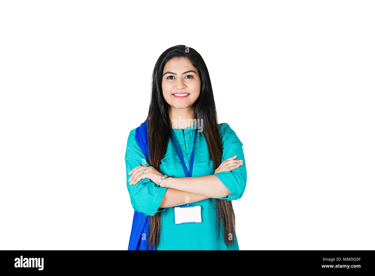One Businesswoman Employee Wear Id Card Crossed-Arms Standing White ...