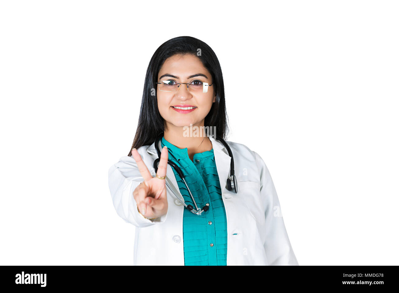One Woman Medical Doctor Showing Finger V Victory Sign Successful Stock ...