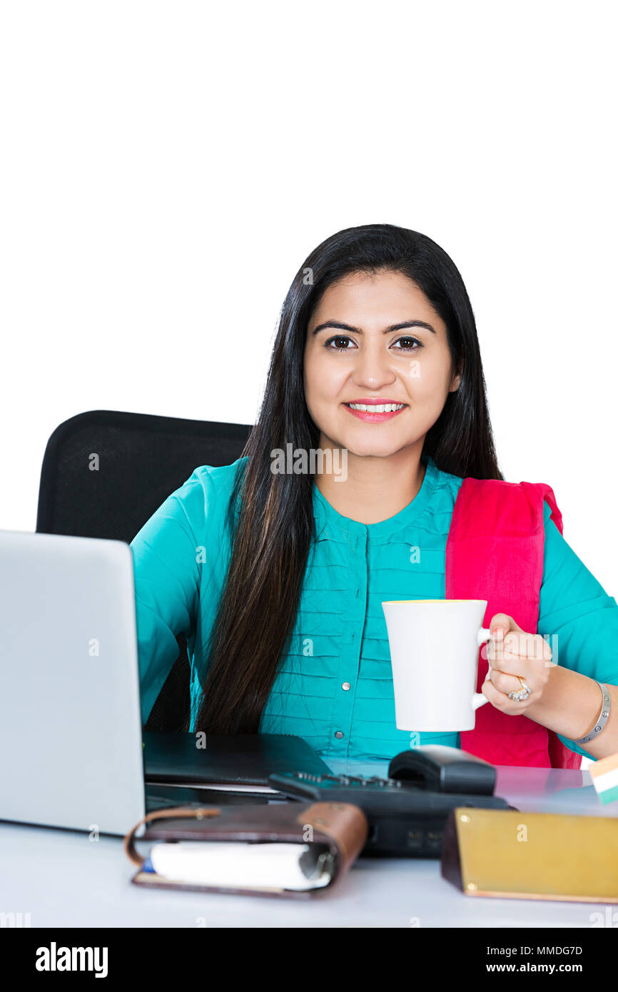 One Business Female Manager Sitting Chair And Drinking Tea, Coffee In ...