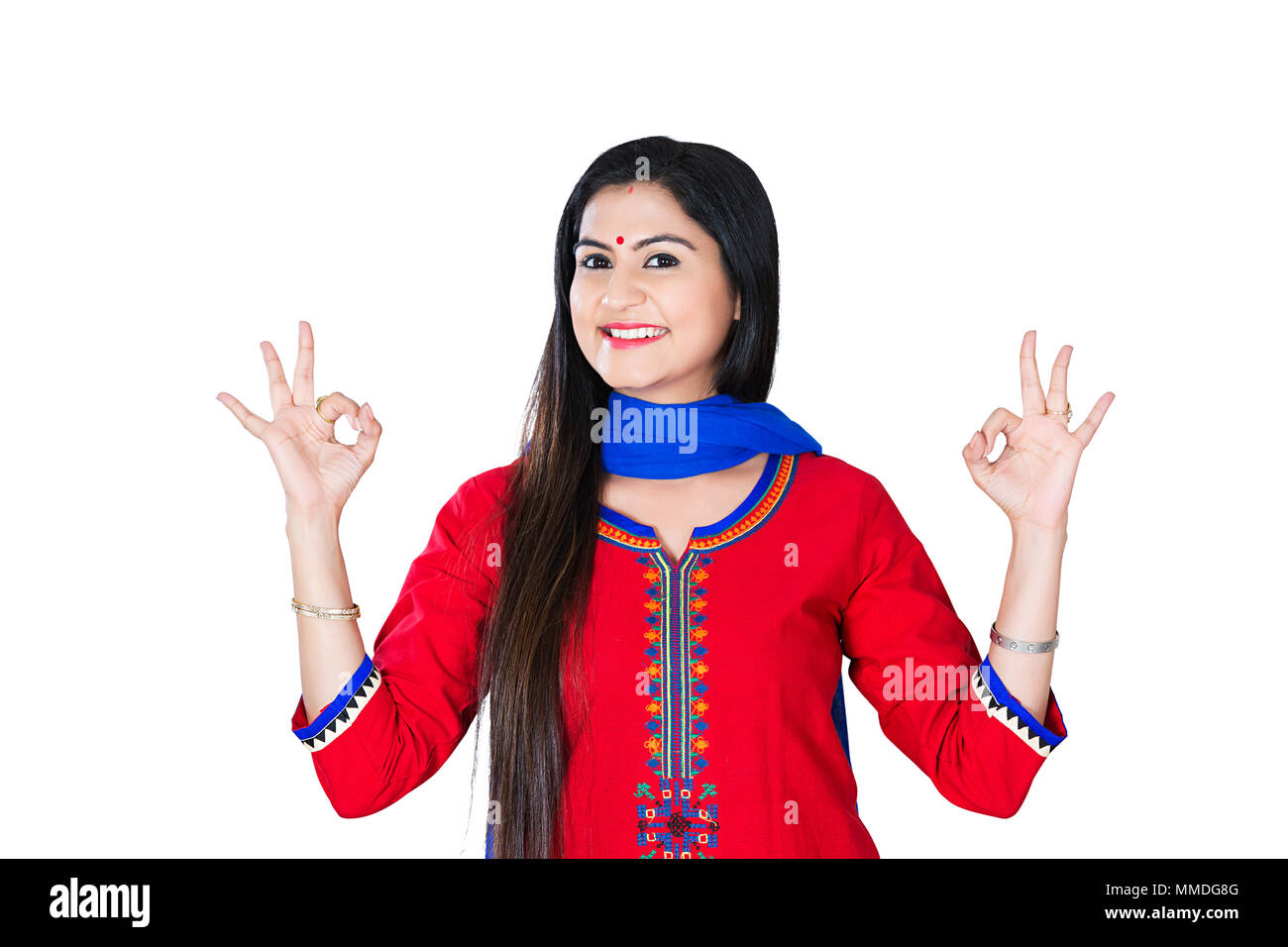 Smiling One Female showing Two ok hand sign for perfection Stock Photo ...