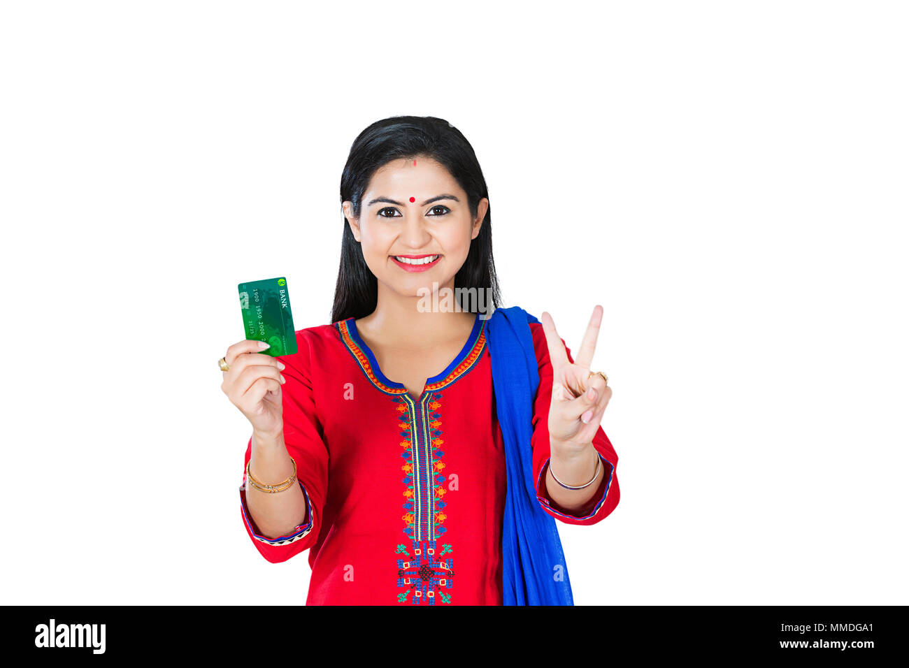 One woman holding Debit card with Finger V-sign victory Successful ...