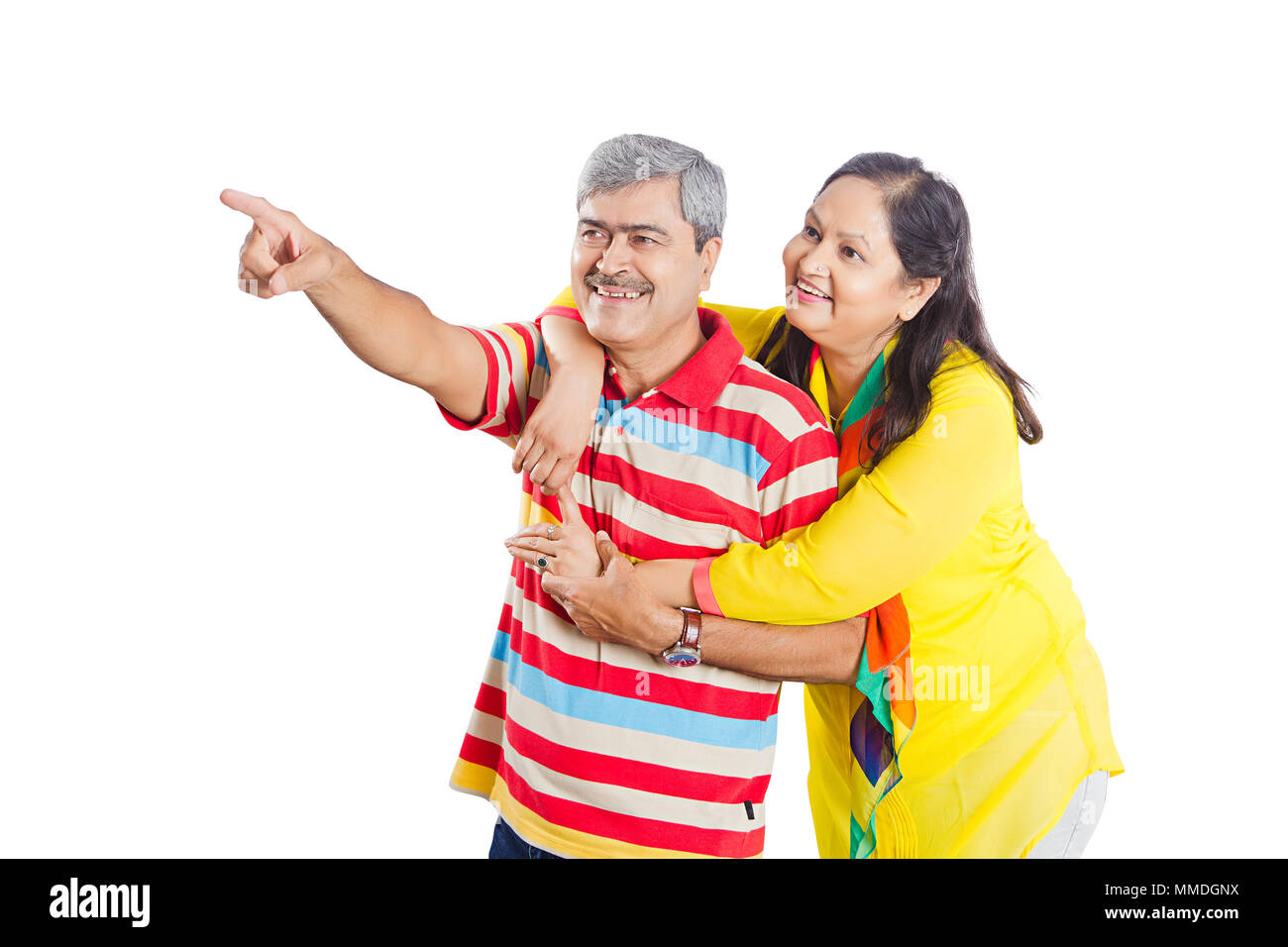 Smiling Senior Romantic Couple Pointing Finger Showing Fun Cheerful ...