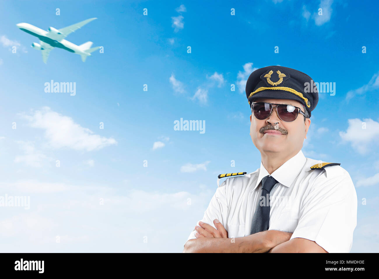 One Senior Man Pilot With Crossed-Arms Standing Pose Outdoors Airport ...