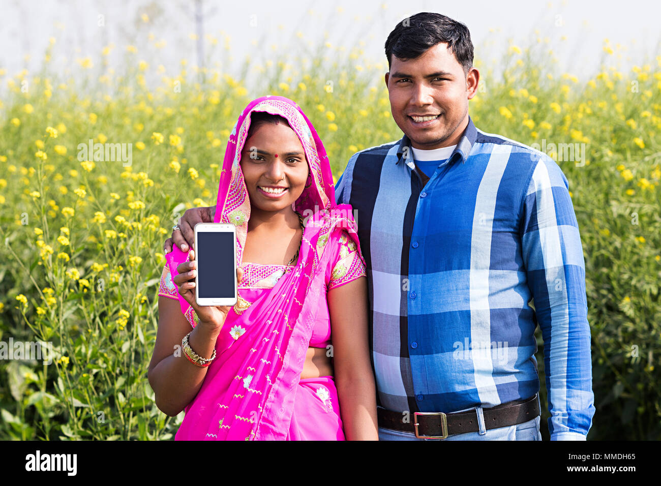 Rural Villager Married-Couple Showing New Smartphone Farm Village Stock ...