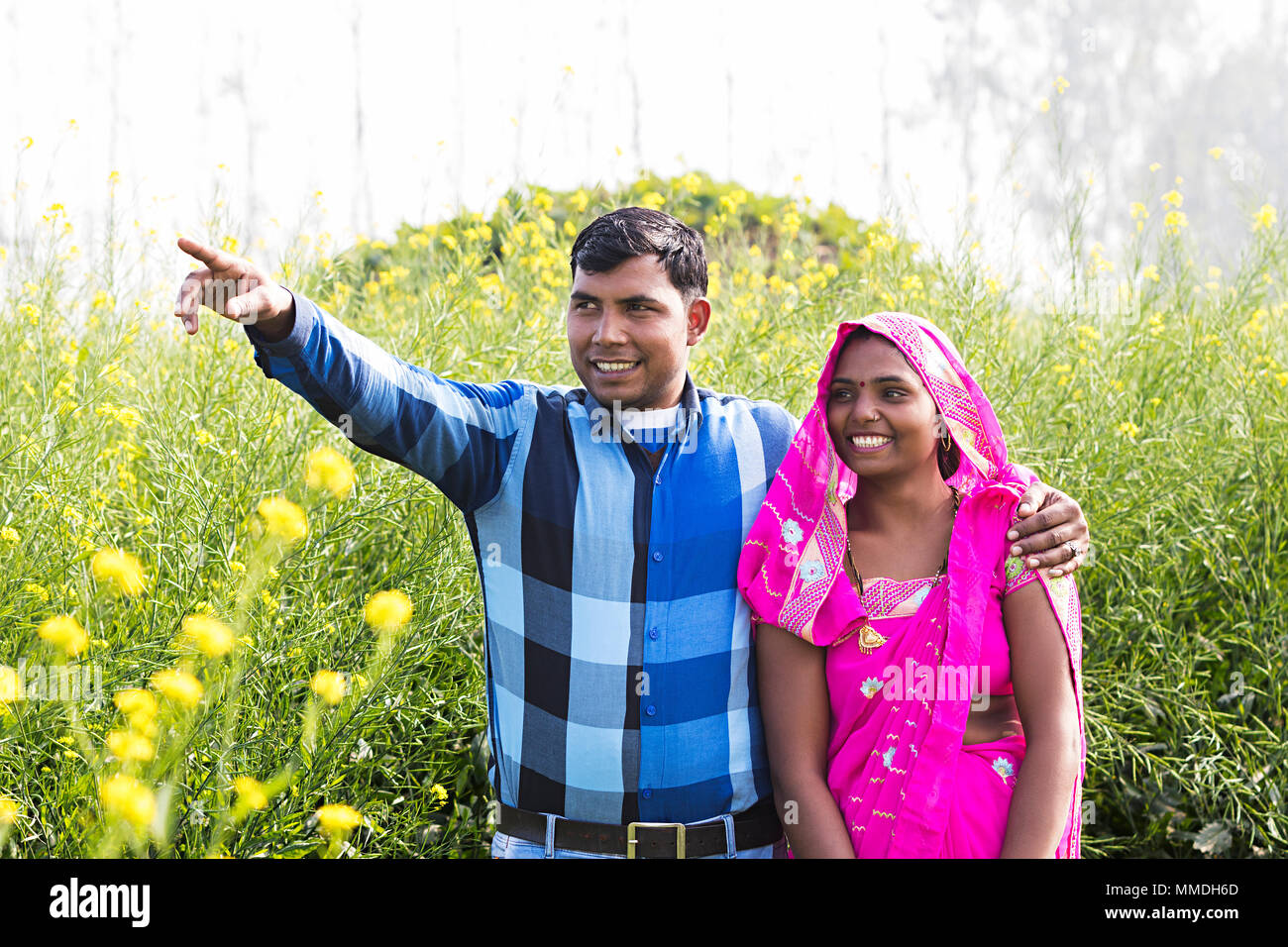 Smiling Rural Villager Married Couple Pointing Finger Showing Farm ...