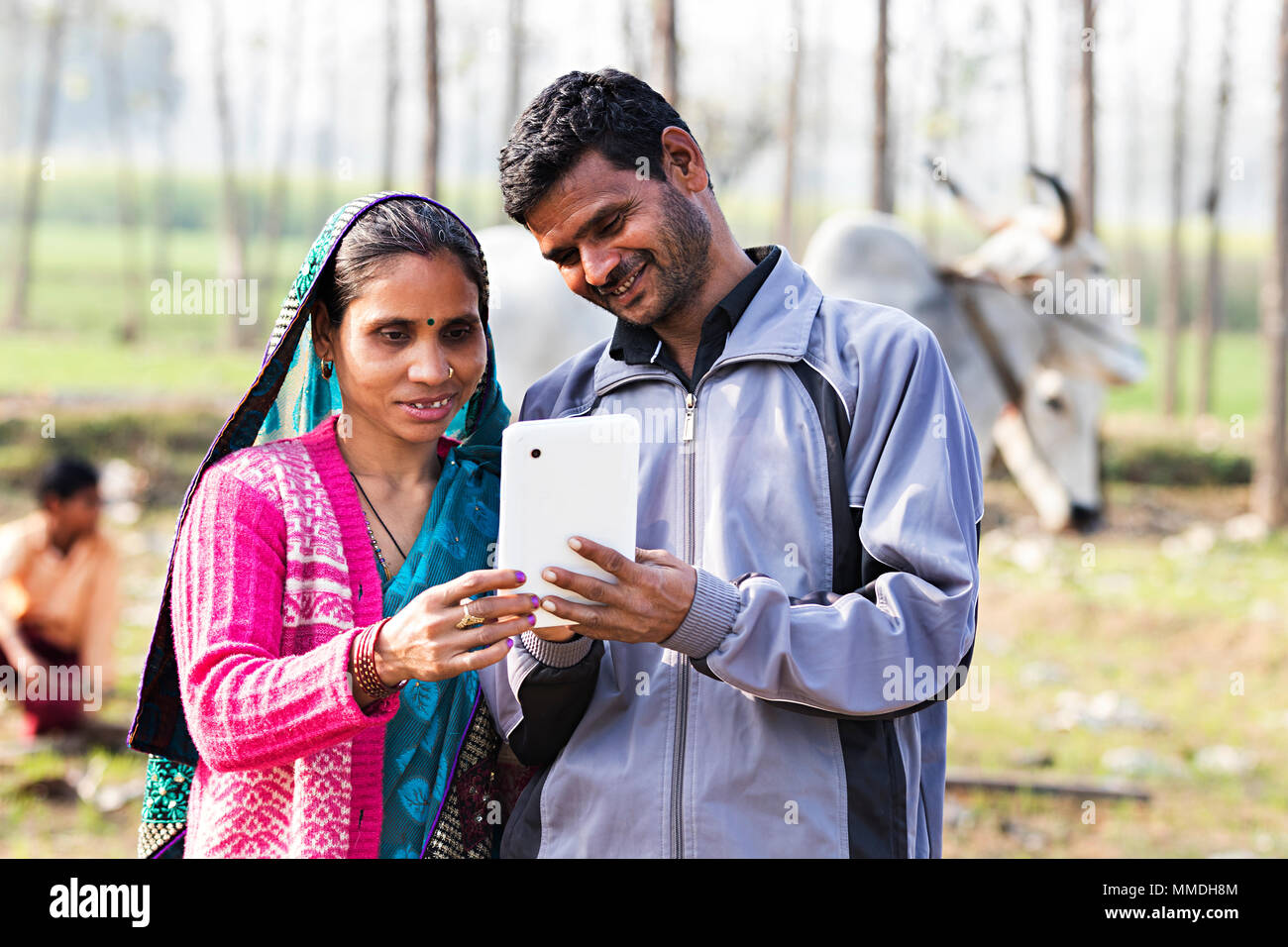 Rural Villager Couple Reading Text-Message Digital Tablet-Pc Farm ...