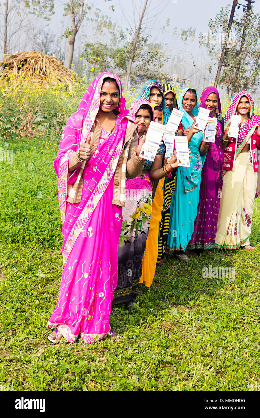 Group Rural Villager Womens Showing Thumbs-up With Aadhaar Card Village ...