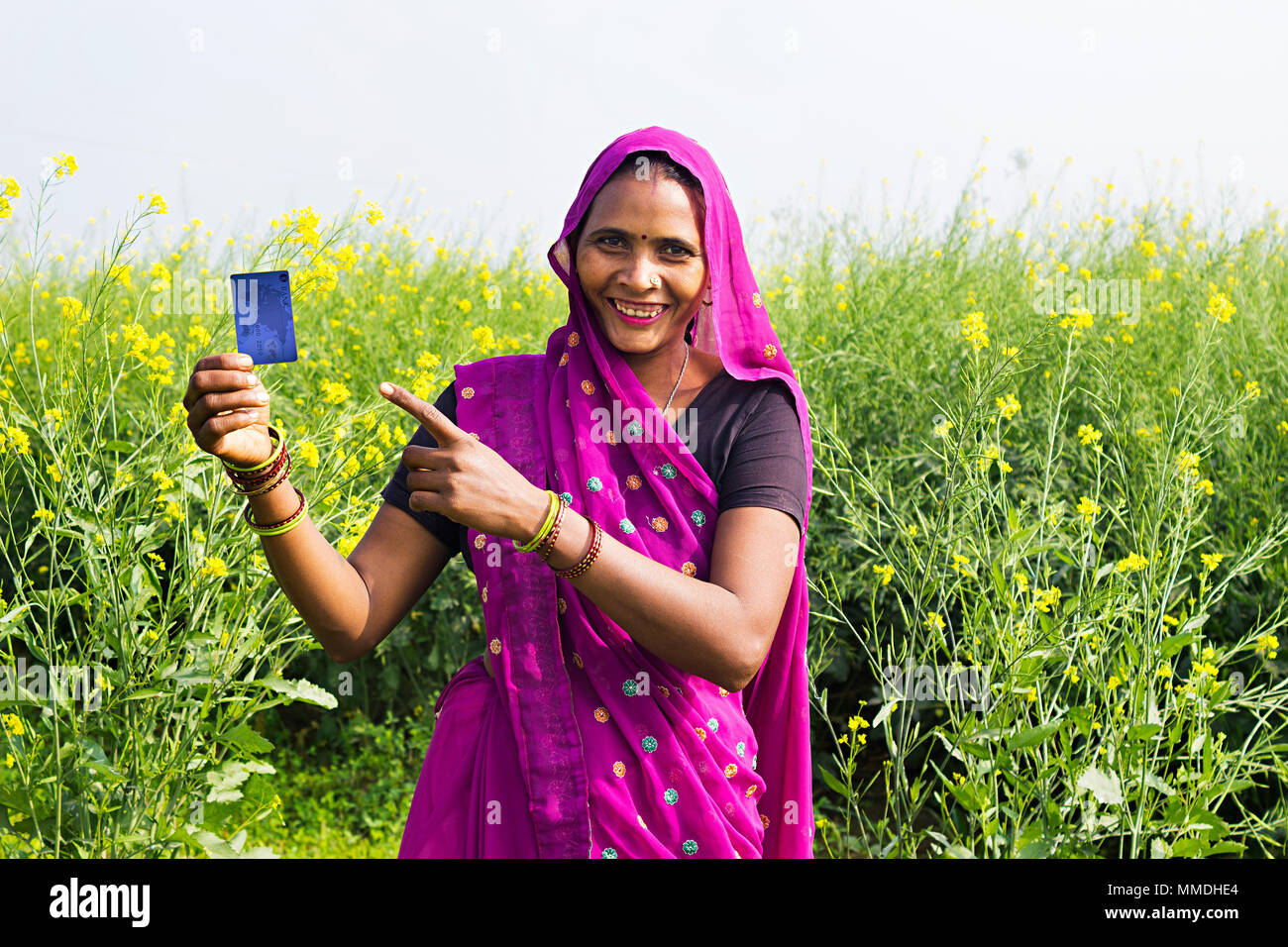 Smiling One Rural Villager Woman Pointing Showing Debit-Card Field ...