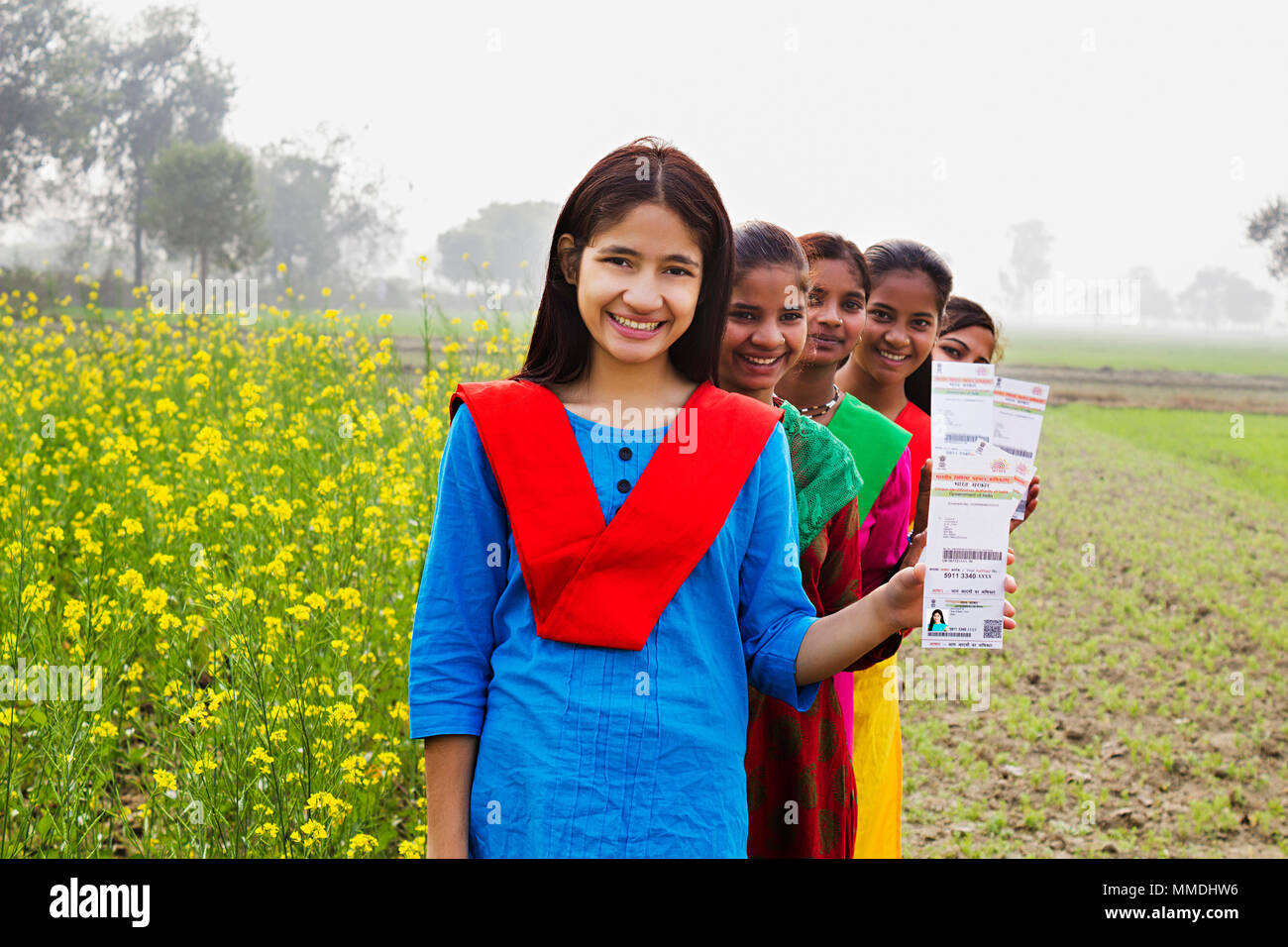 Group Rural Villager Teenagers Girls Queue s Showing Aadhaar-Card ...
