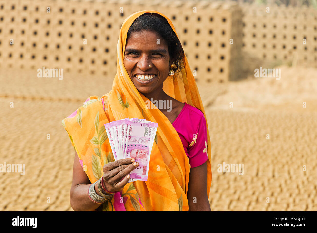 Rural Worker Female Showing Money Rupee Banknotes Income, In-Brick ...