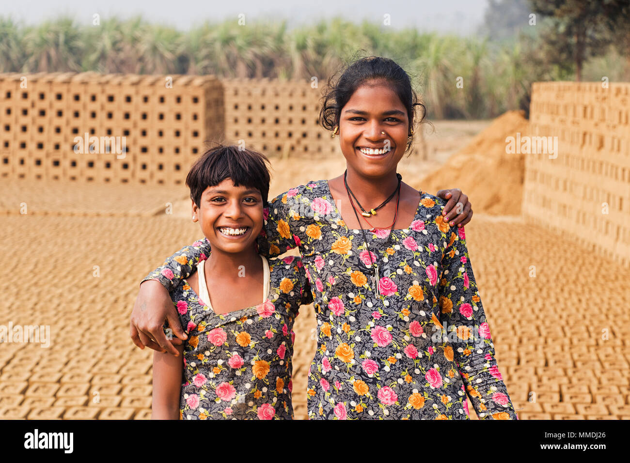 Two Rural Teenage Girls Factory Worker Together In Brick-Factory ...