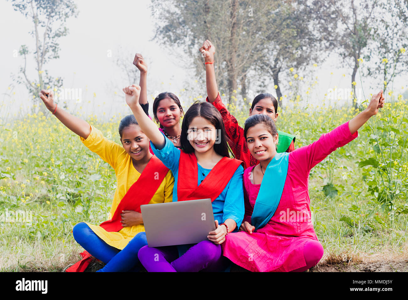Group Villager High-School Girls Students Friends Laptop Study Success ...