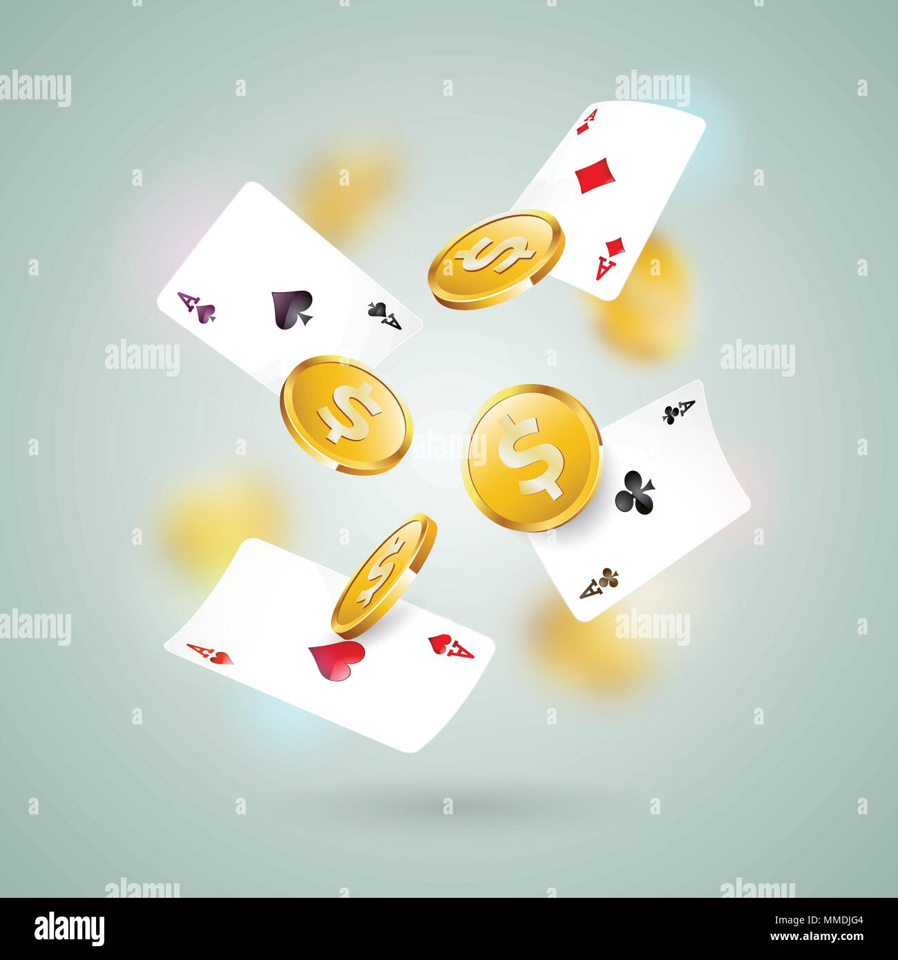 Vector illustration on a casino theme with poker cards and gold coin on ...