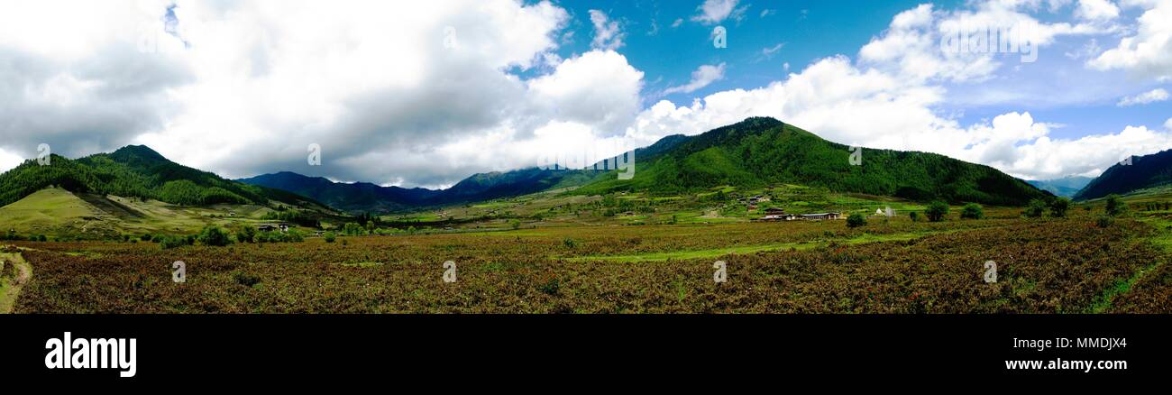 Landscape of mountain Phobjikha valley at Himalayas, Bhutan Stock Photo ...