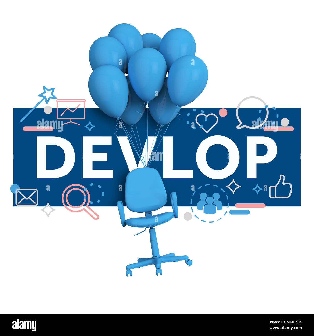 Business development concept. Chair and ballons with develop message ...