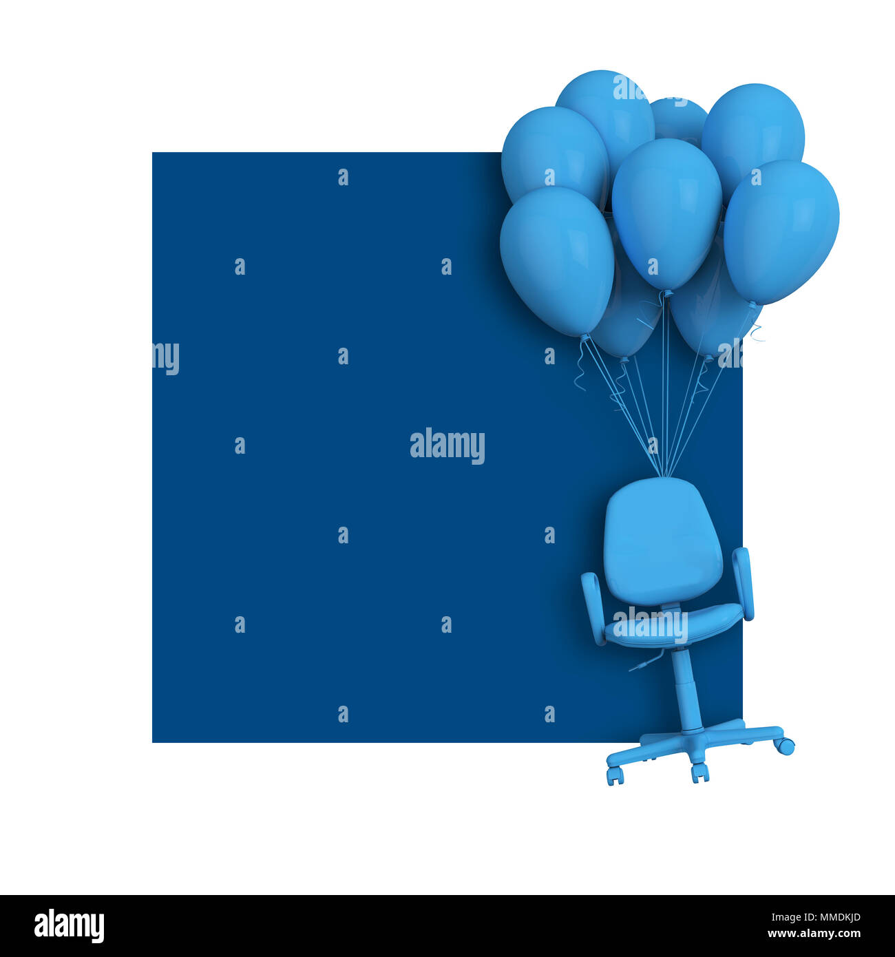 Office chair attached to balloons, improvement, innovation concept. 3D ...