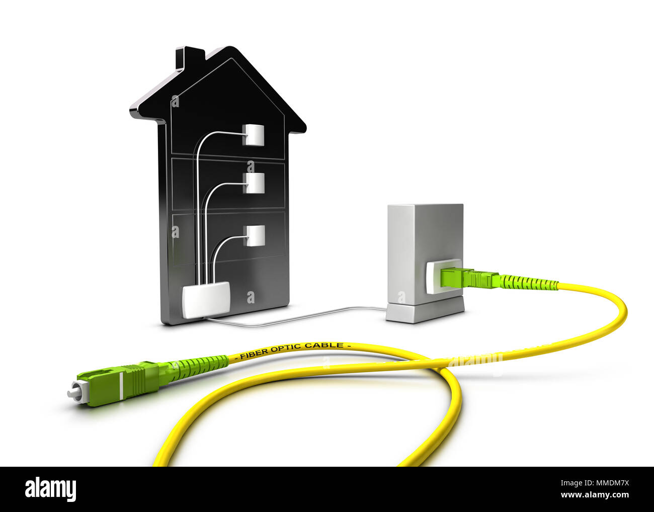 3D illustration of a FTTC network (Fiber to The Curb) for high ...
