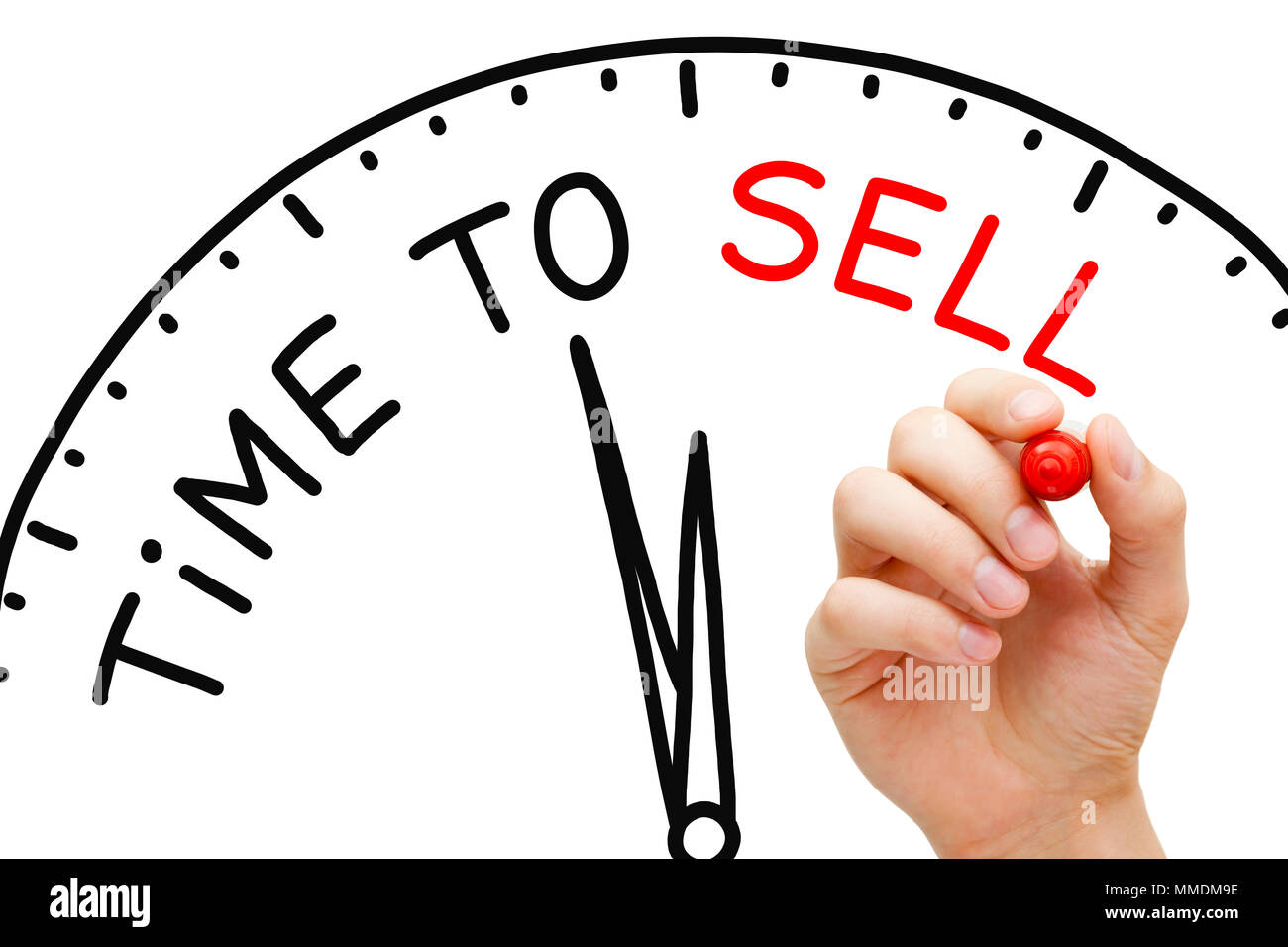 Hand writing Time to Sell concept with red marker on transparent wipe ...