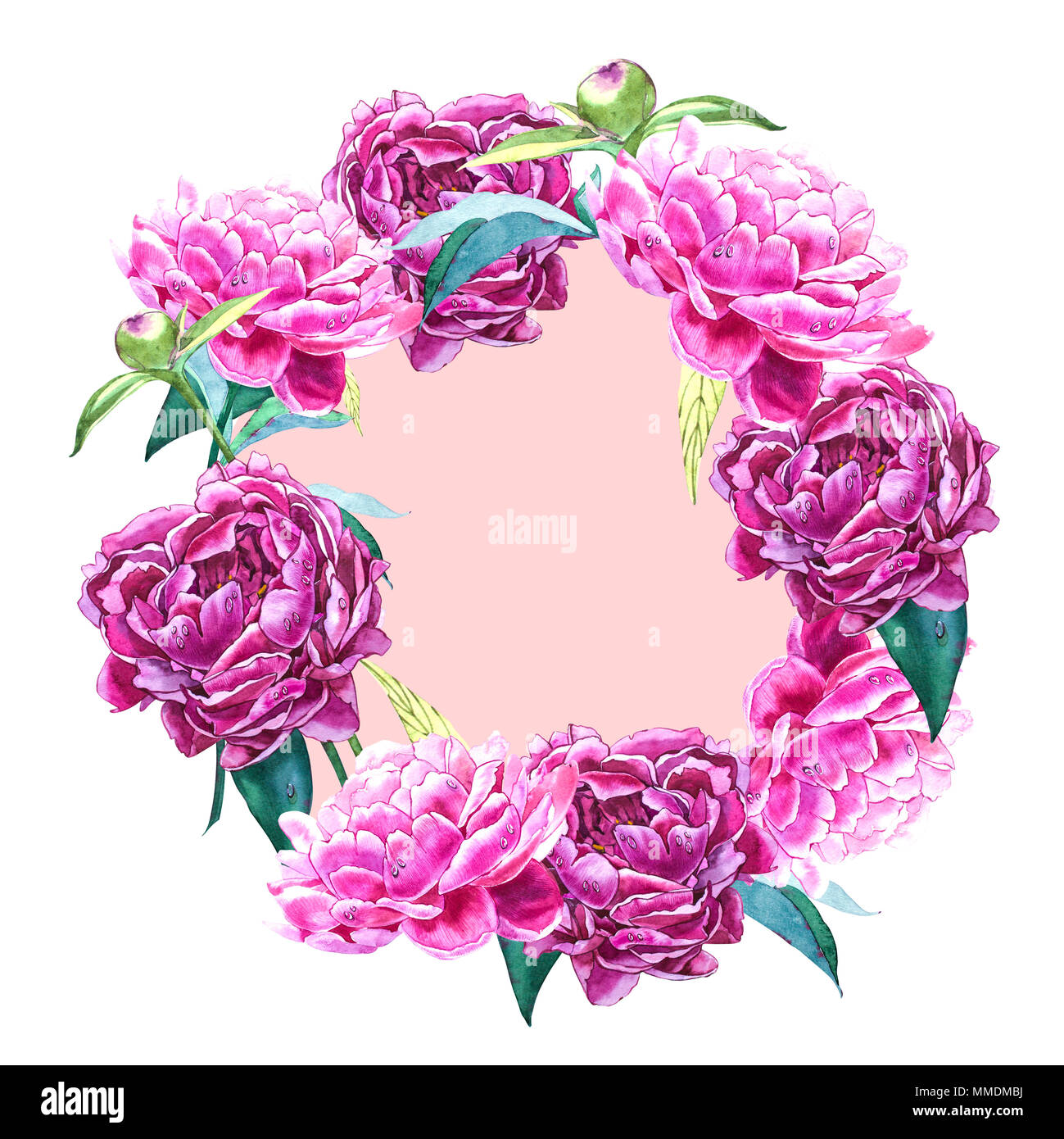 Watercolor botanical illustration. Wreath border frame with peony ...