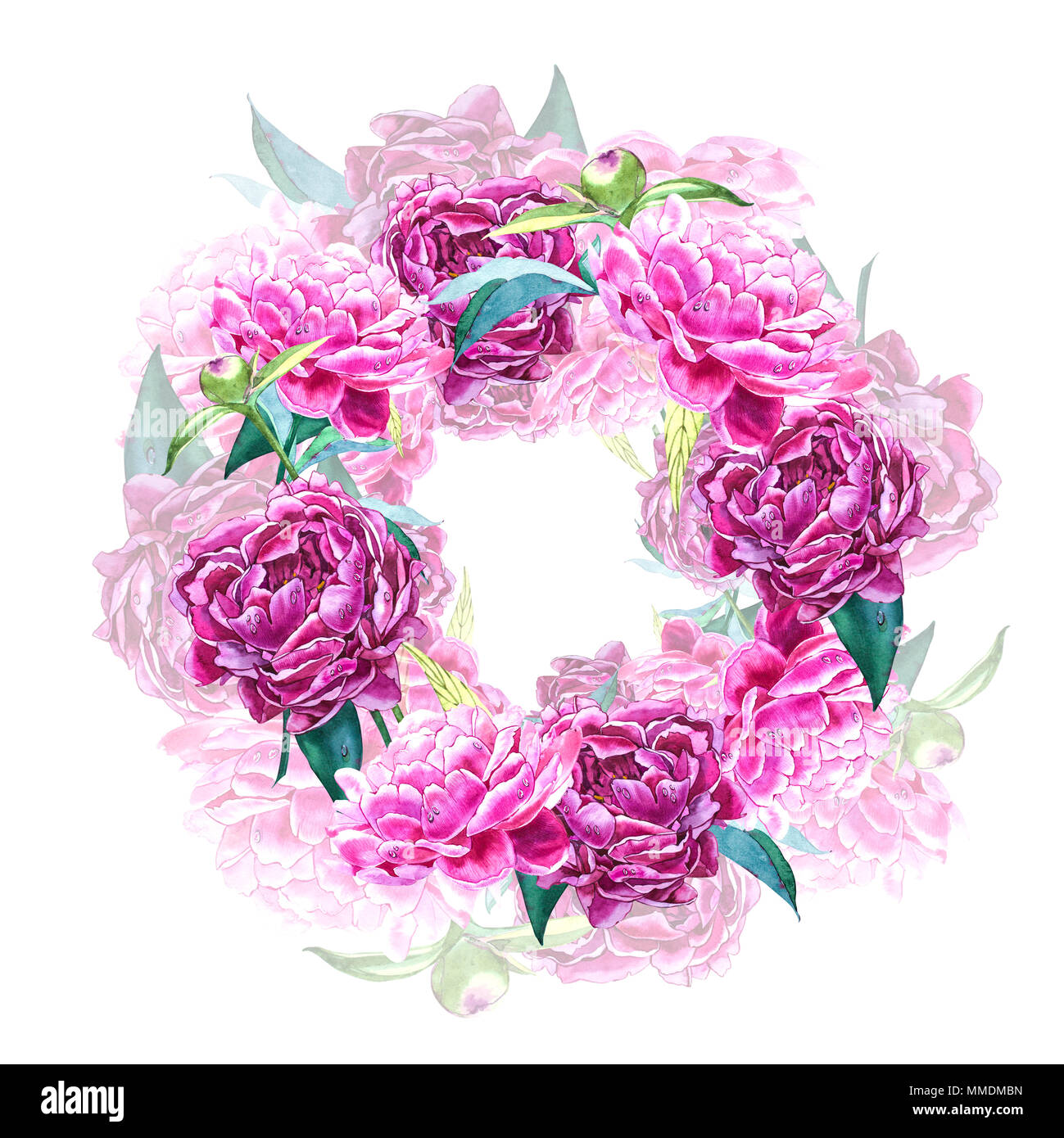 Watercolor botanical illustration. Wreath border frame with peony ...