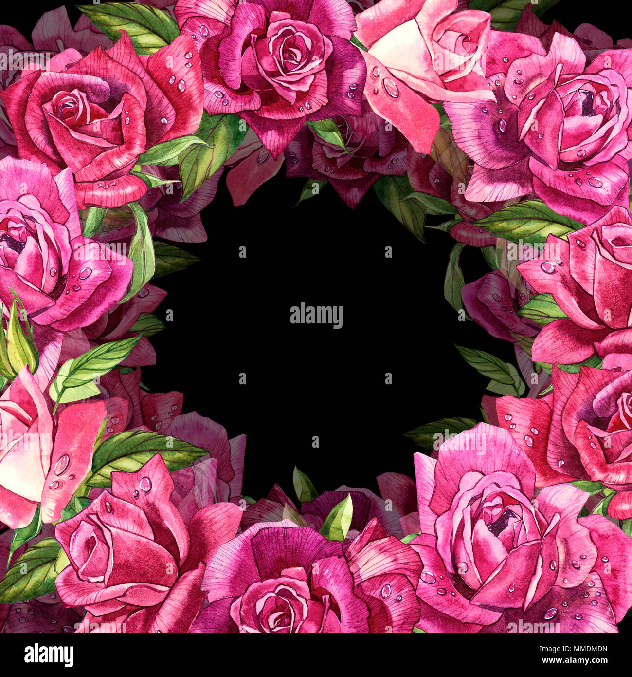 Natural pink roses background. Frame of red and pink roses, watercolor ...