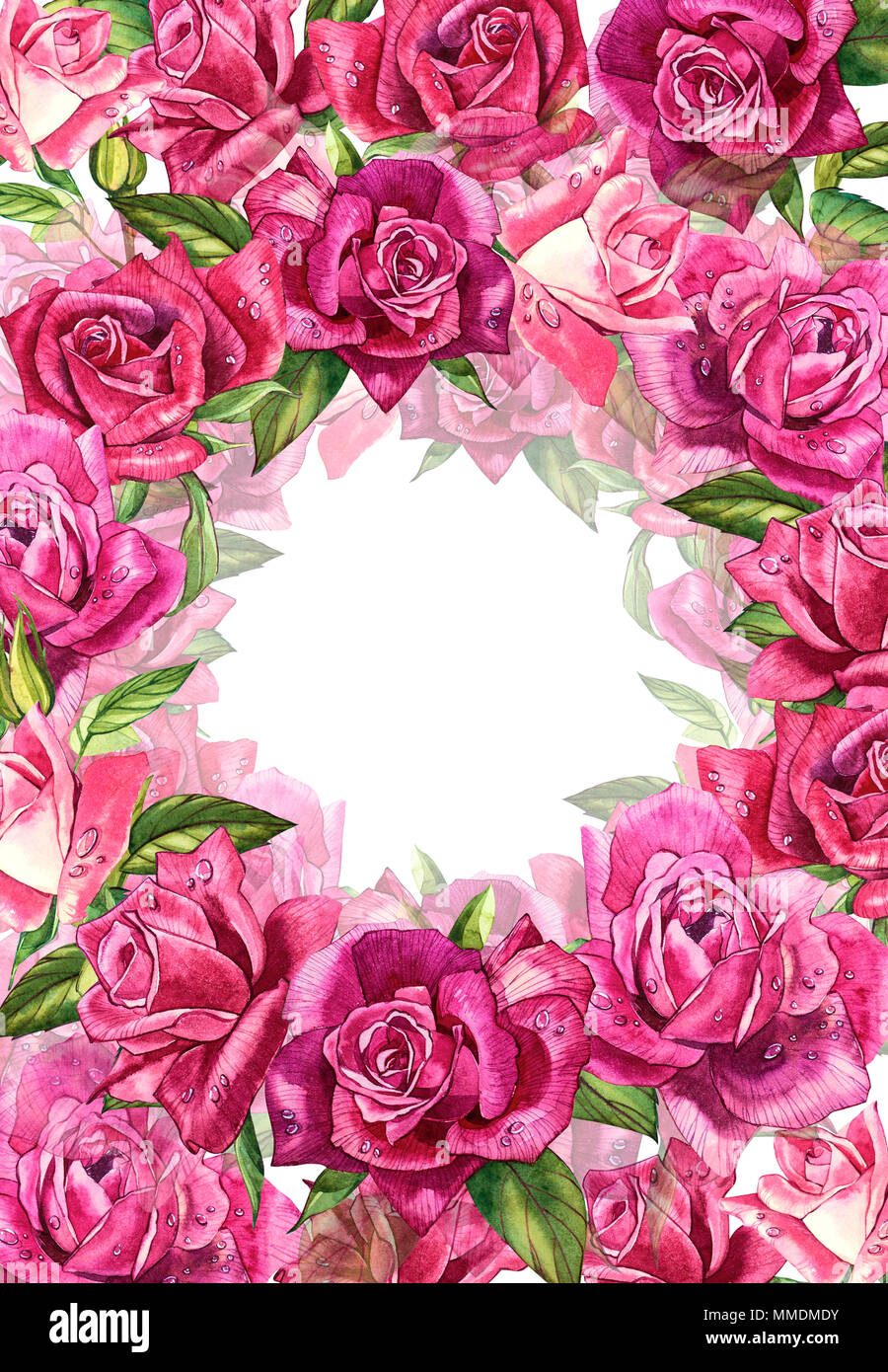 Natural pink roses background. Frame of red and pink roses, watercolor ...