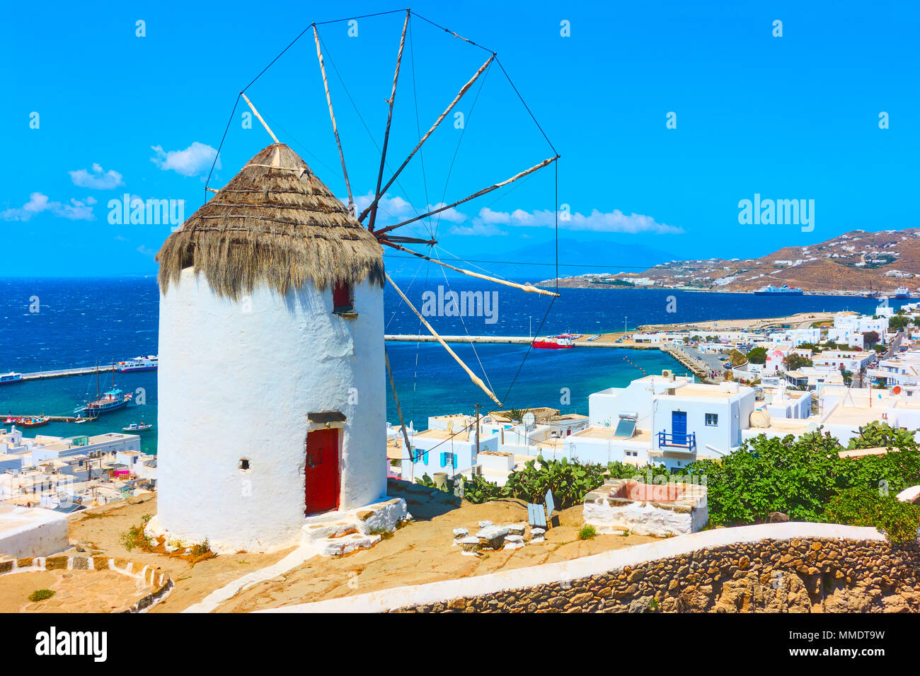 Traditional windmilll with straw roof in Mykonos Island, Cyclades ...