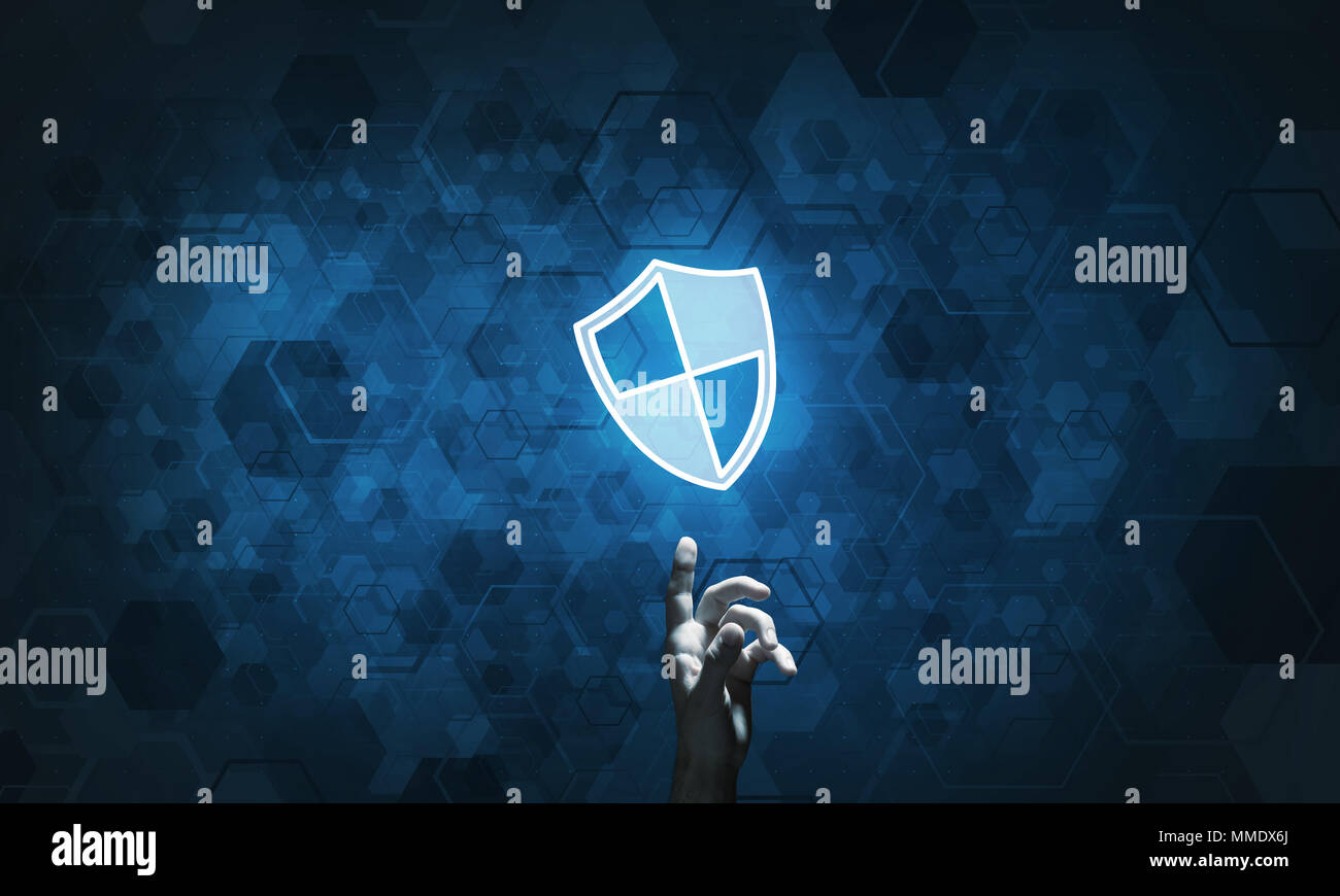 Blue shield icon as symbol of access protection on dark background ...