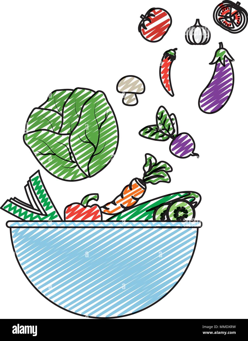 doodle natural vegetables organic food inside bowl Stock Vector Image ...