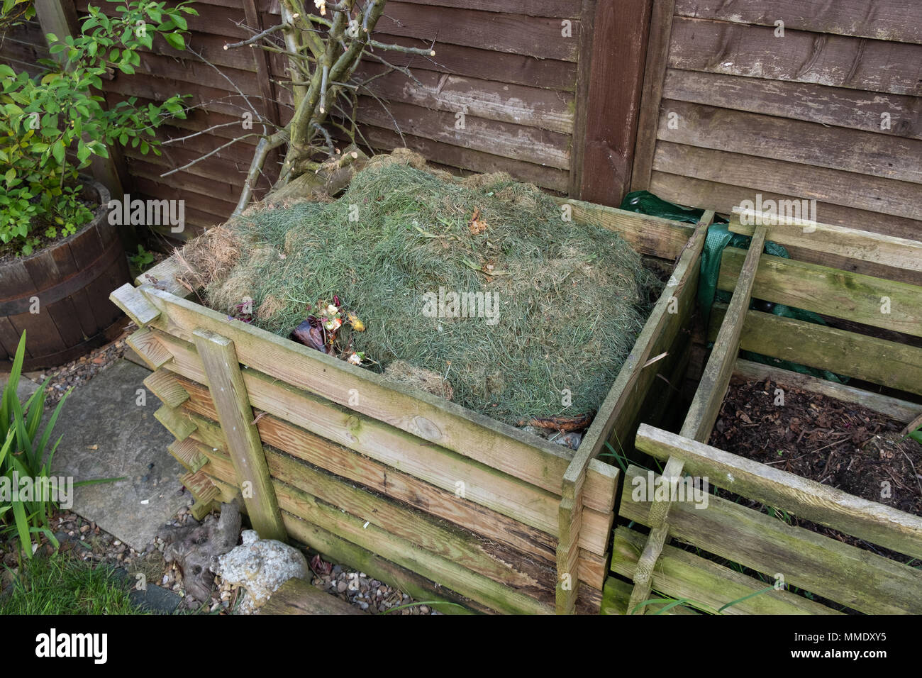 Two garden compost heaps, one full of grass cuttings Stock Photo - Alamy