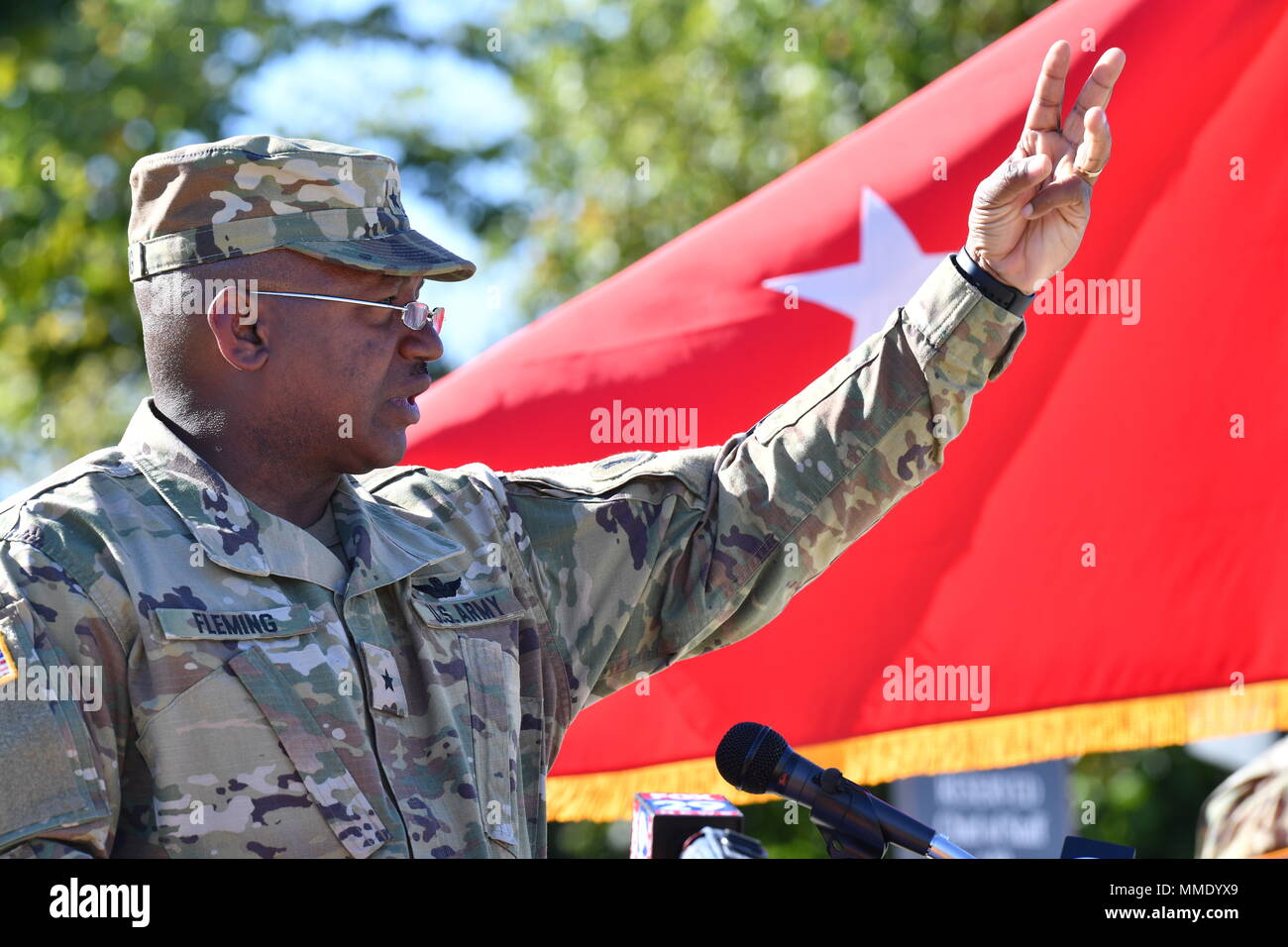 Brigadier General David Fleming addresses friends and family at the ...